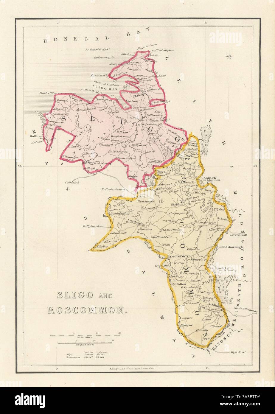 Antique SLIGO AND ROSCOMMON county map by Alfred ADLARD. Ireland 1843 ...