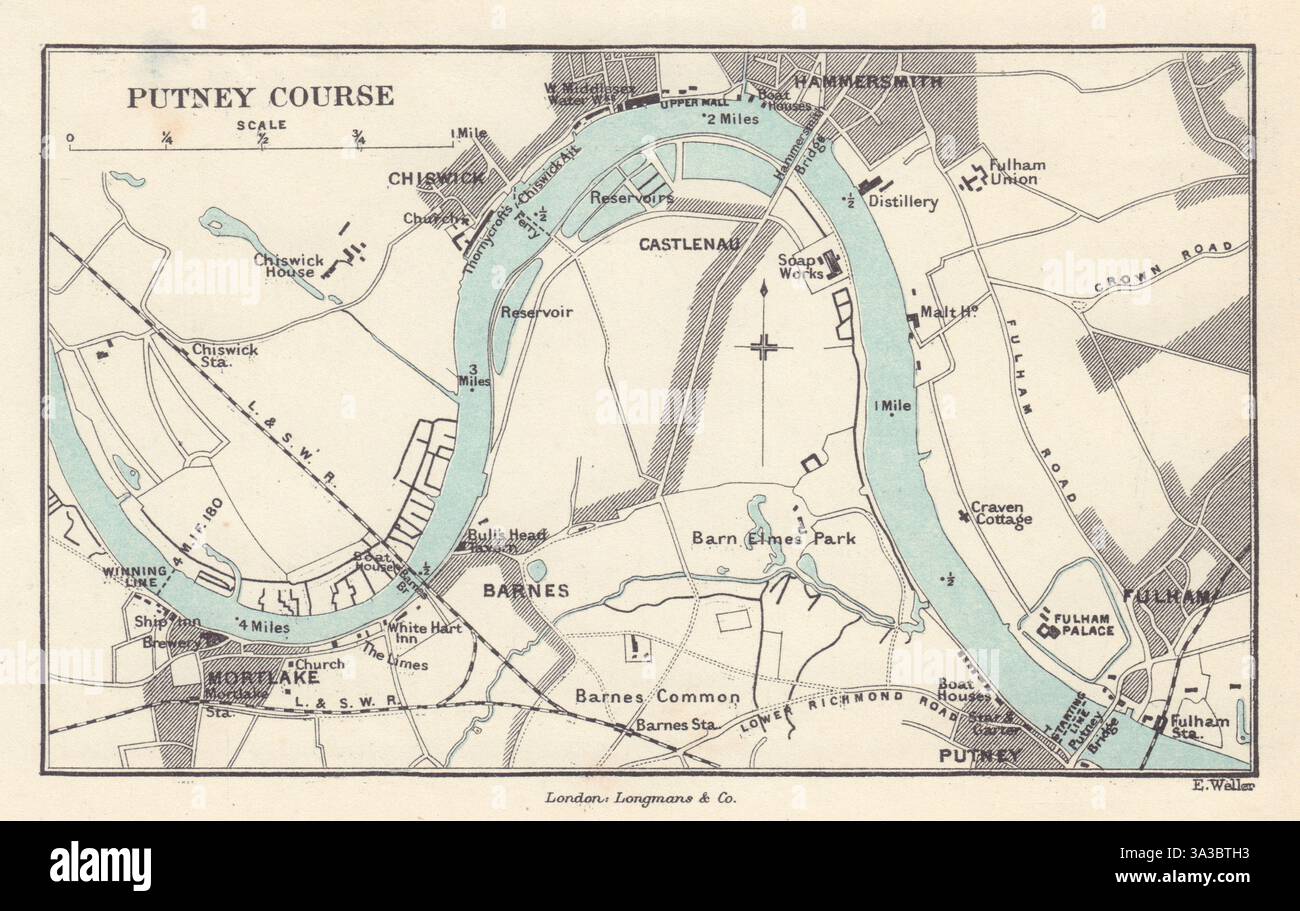 The Putney to Mortlake rowing course. Oxford-Cambridge boat race WELLER ...
