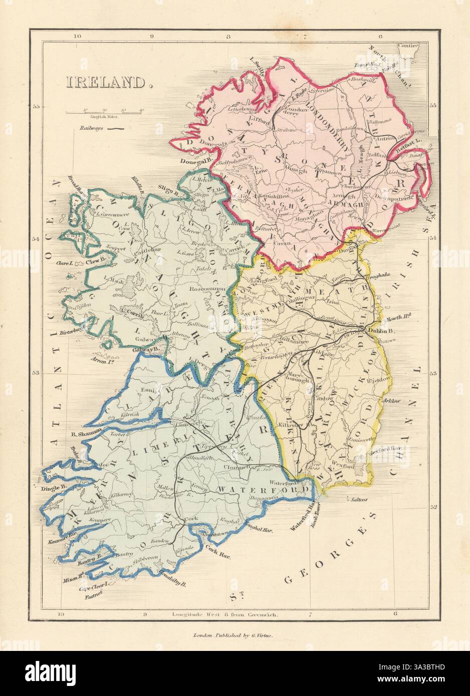 Antique map of IRELAND with railways, counties & provinces by Alfred ...