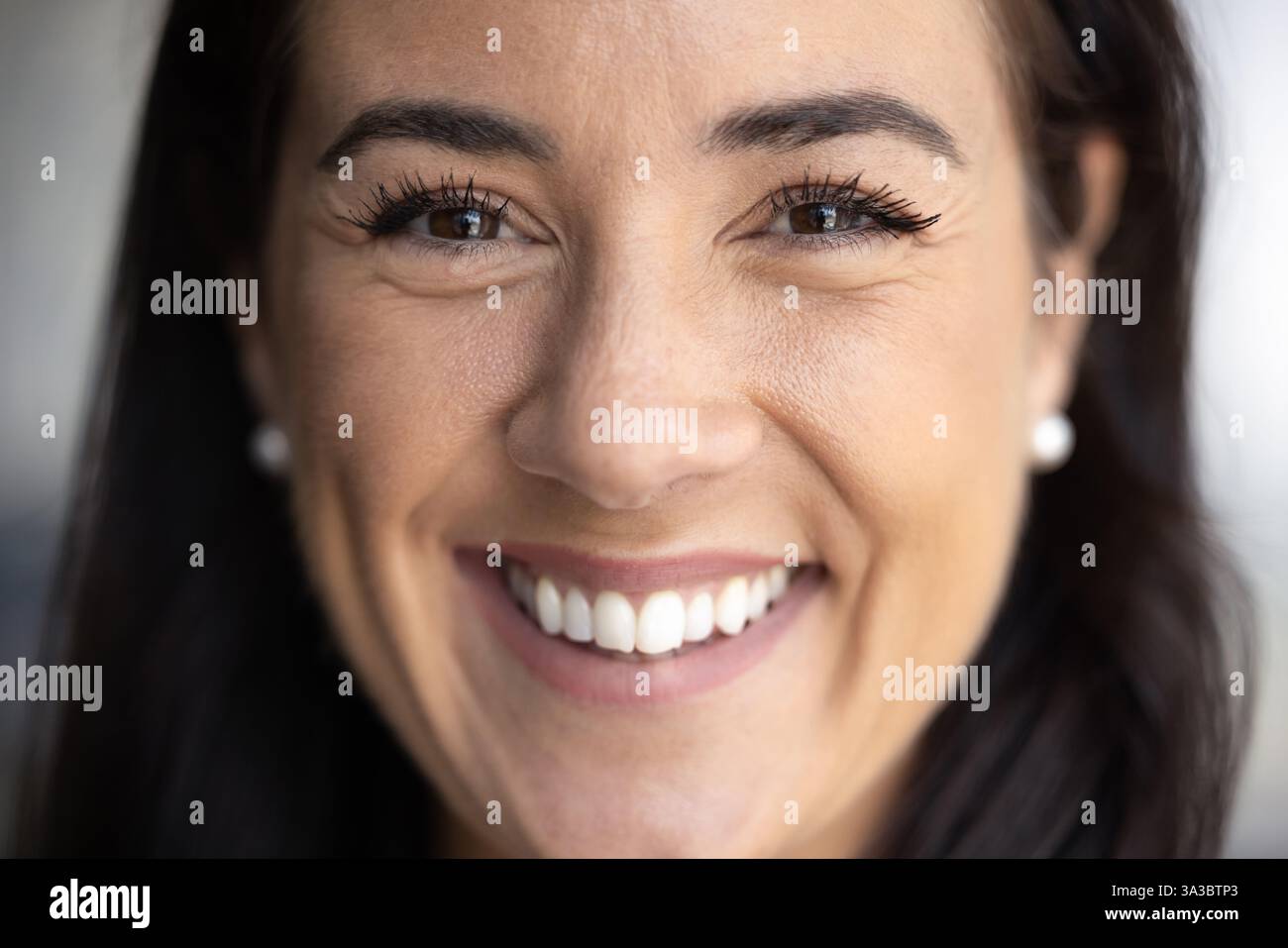 Face of attractive happy 30s Hispanic woman with natural makeup Stock ...