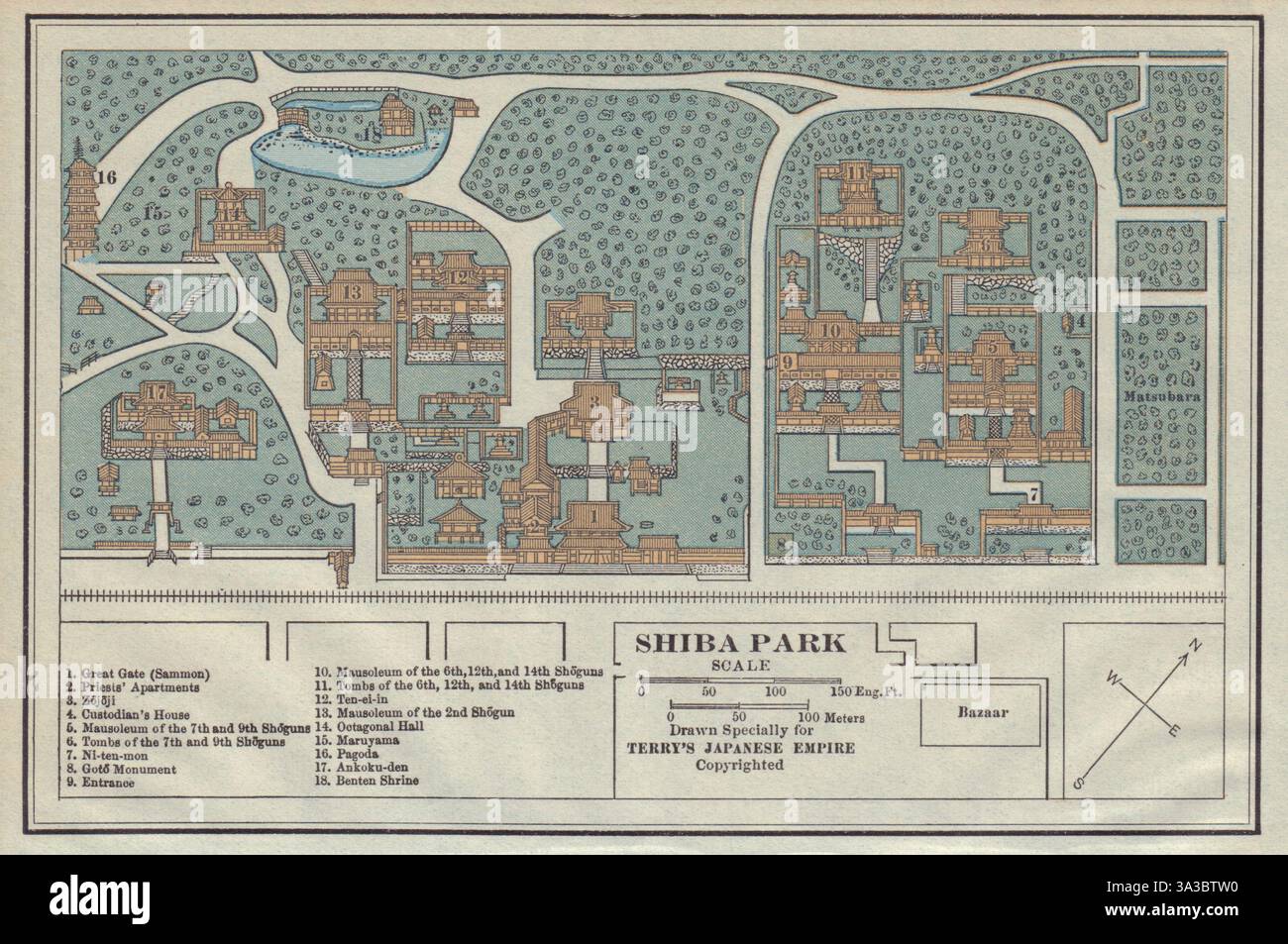 Shiba Park, Tokyo, Japan antique tourist map 1930 old plan chart Stock Photo - Alamy