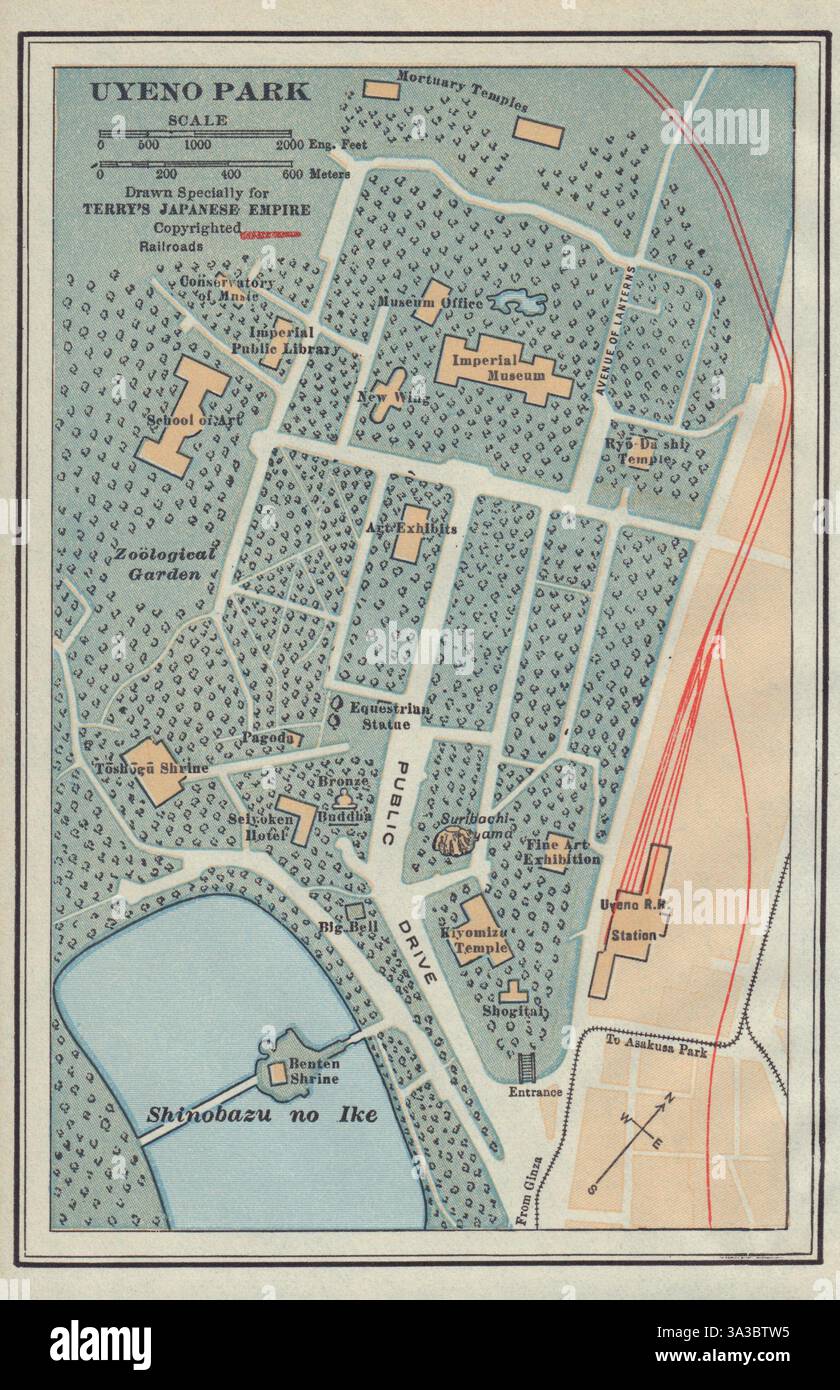 Uyeno Park, Tokyo, Japan antique tourist map 1930 old plan chart Stock Photo - Alamy