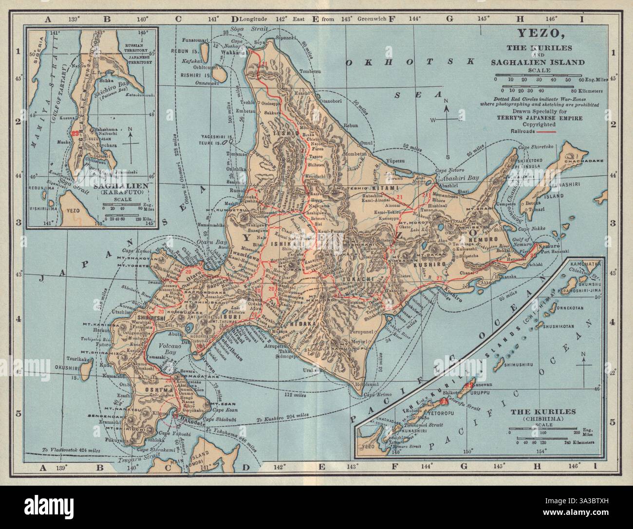 Yezo, the Kuriles and Saghalien Island. Japan antique tourist map 1930 old Stock Photo - Alamy