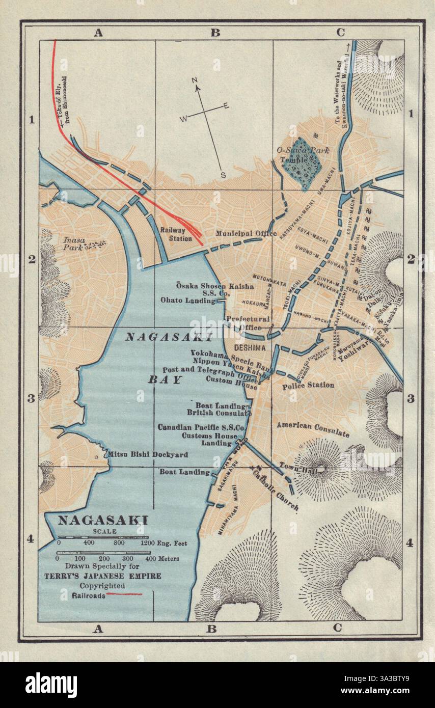 Nagasaki town/city plan. Japan antique tourist map 1930 old chart Stock Photo - Alamy