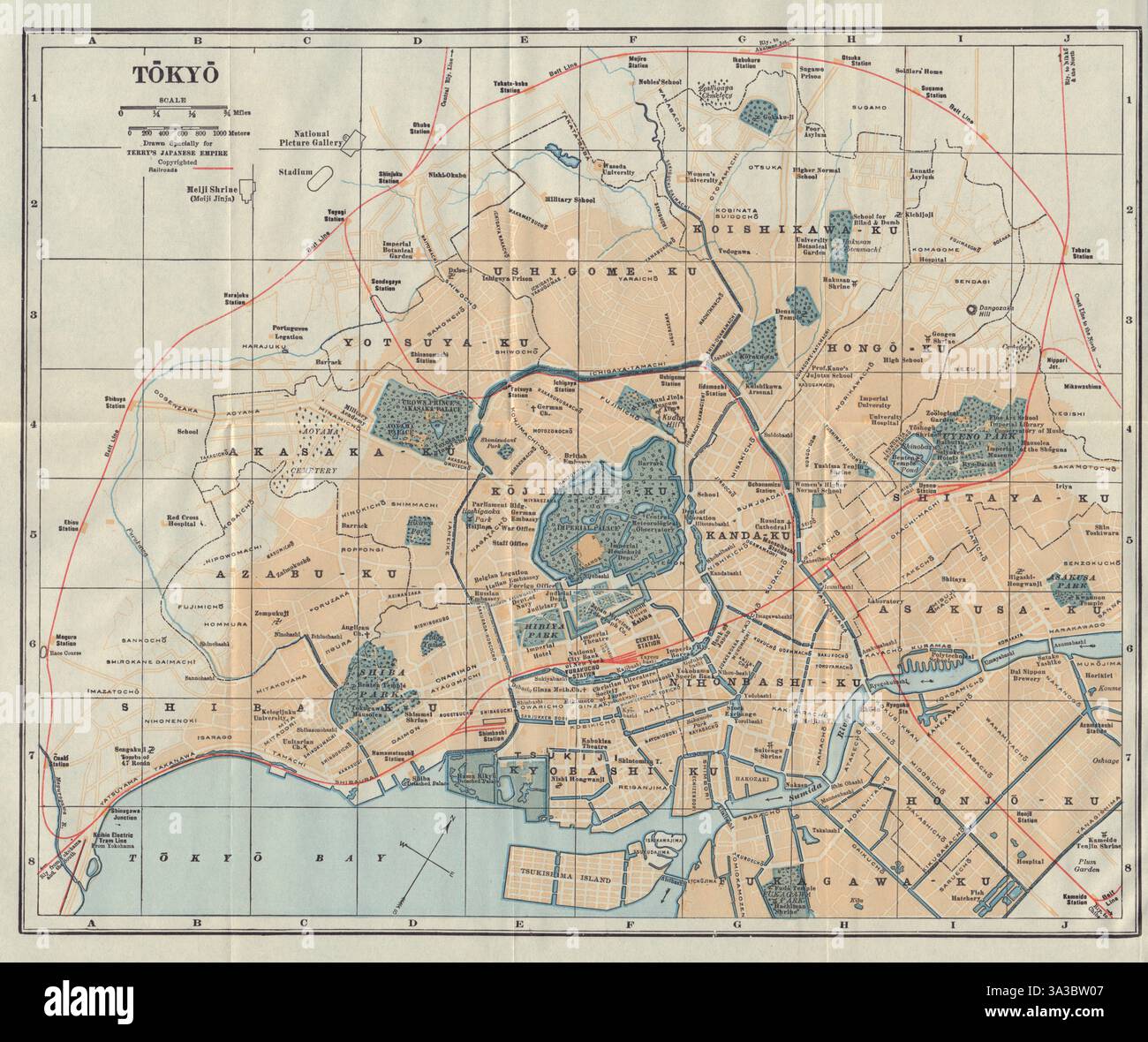Tokyo town/city plan. Japan antique tourist map 1930 old chart Stock Photo - Alamy