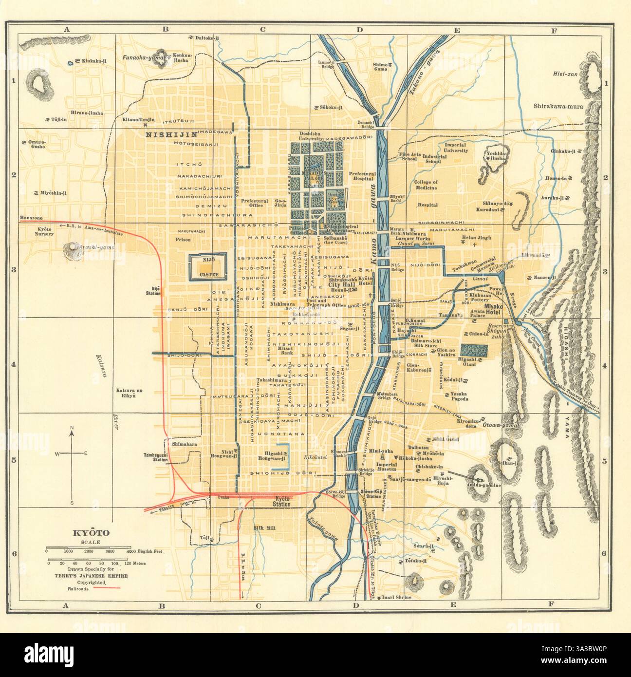 Kyoto town/city plan. Japan antique tourist map 1930 old chart Stock Photo - Alamy
