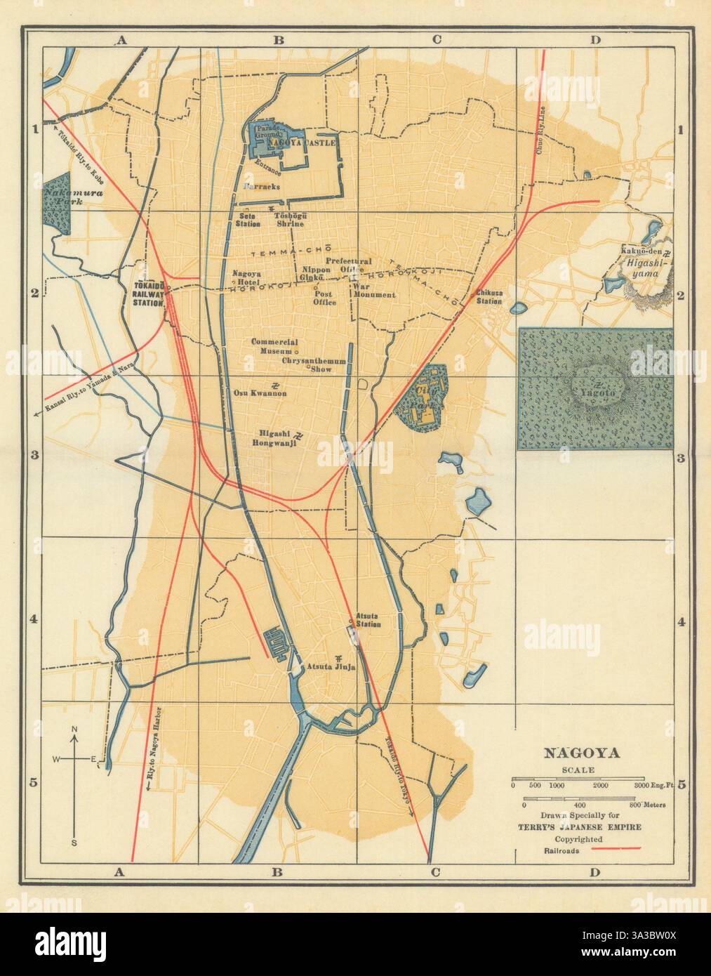 Nagoya town/city plan. Japan antique tourist map 1930 old chart Stock Photo - Alamy