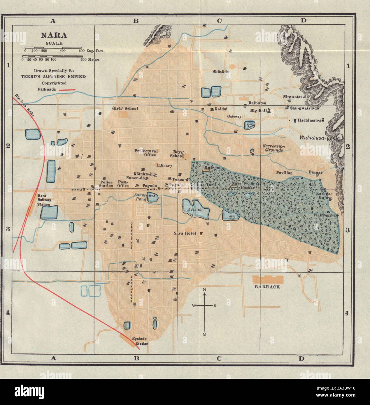 Nara town/city plan. Japan antique tourist map 1930 old chart Stock Photo - Alamy