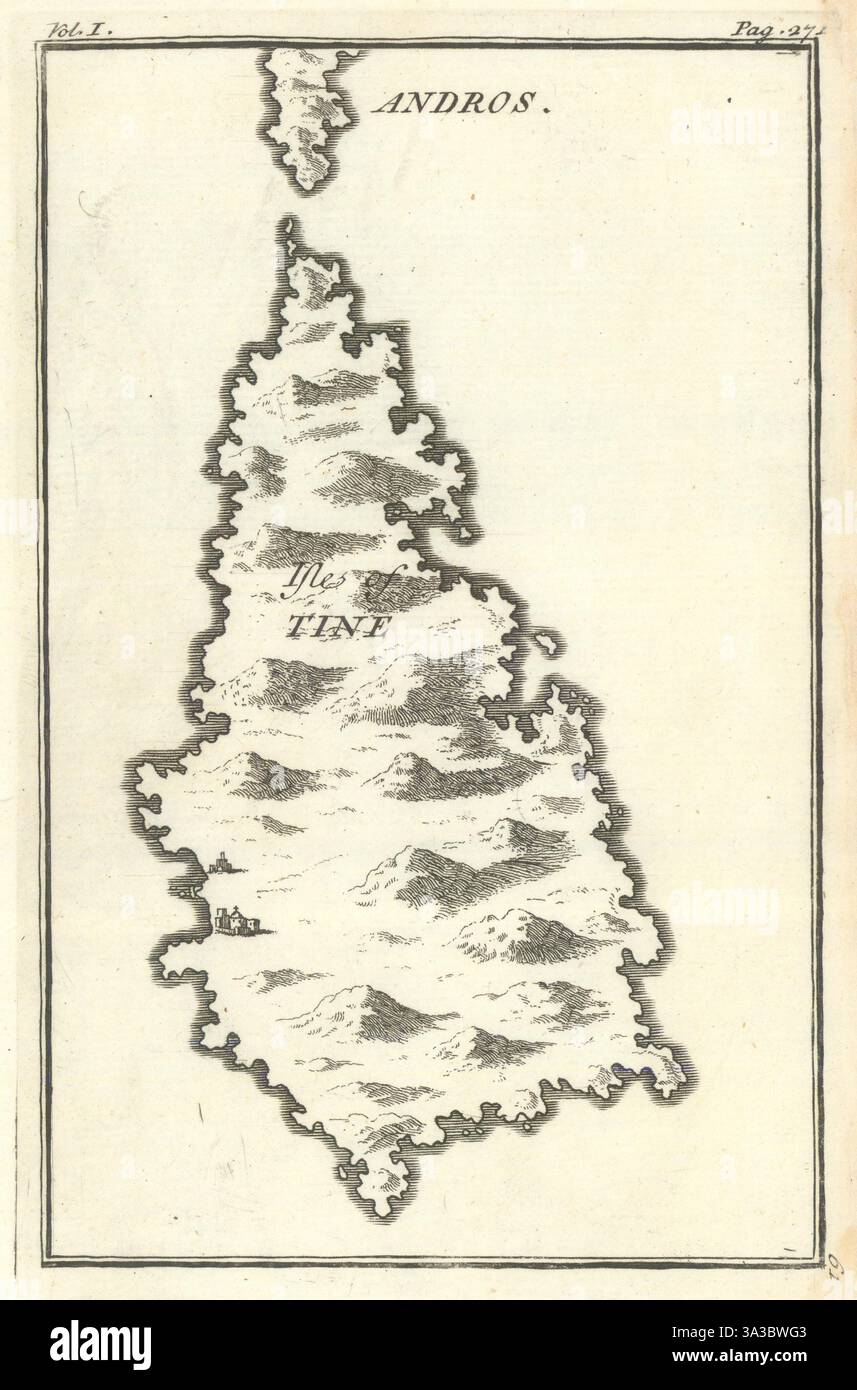 Antique map of the island of Tine (Tinos), Aegean, Greece. TOURNEFORT ...