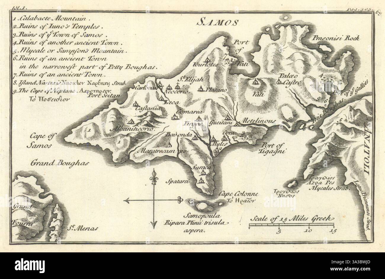 Antique map of the island of Samos, Aegean, Greece. TOURNEFORT 1718 old ...