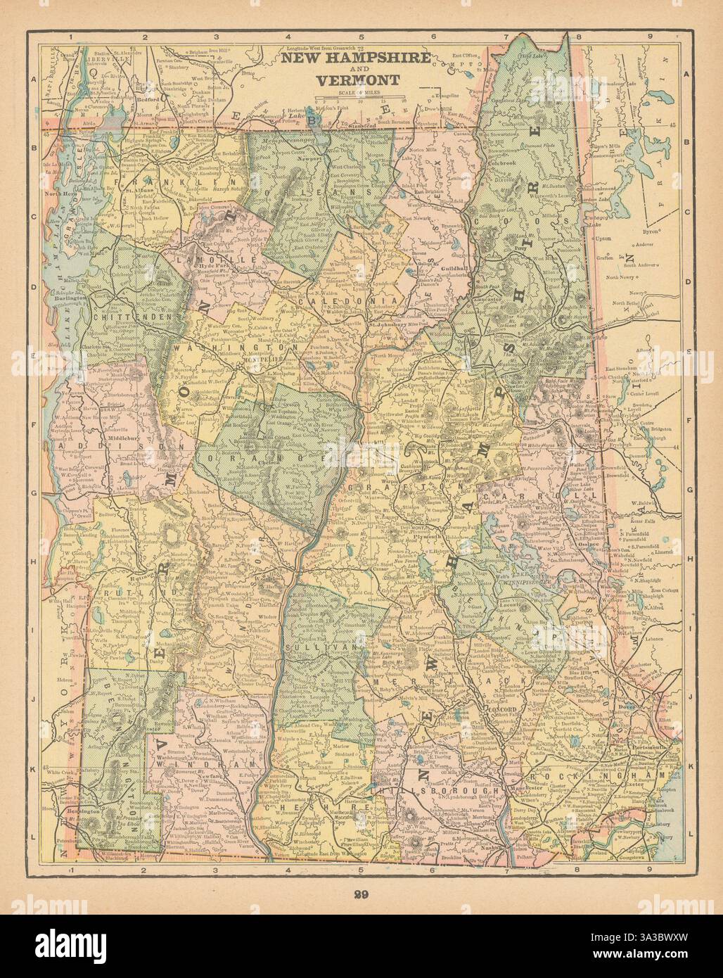 New Hampshire and Vermont state map in counties. CRAM 1894 old antique ...