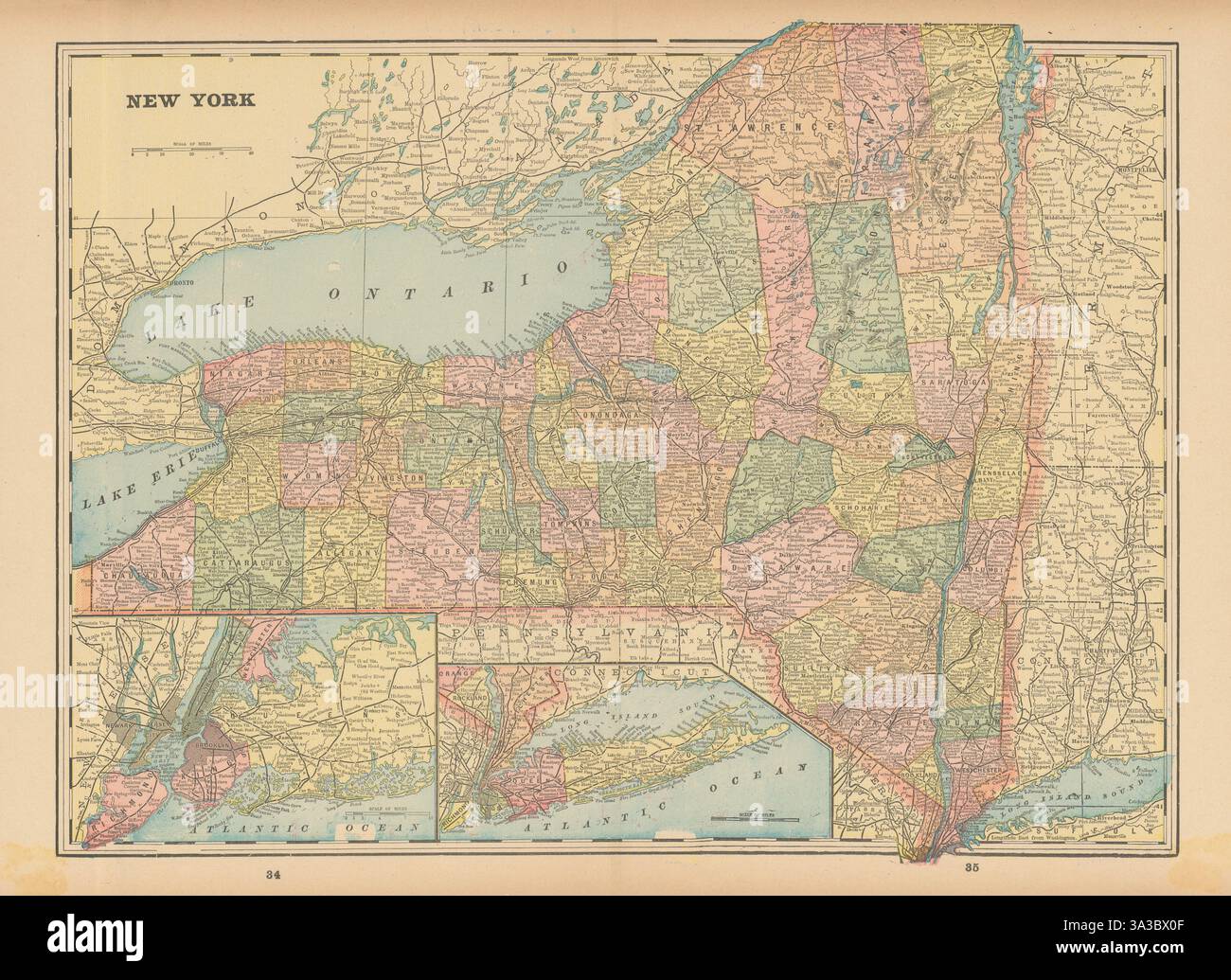 New York state map in counties. CRAM 1894 old antique vintage plan ...