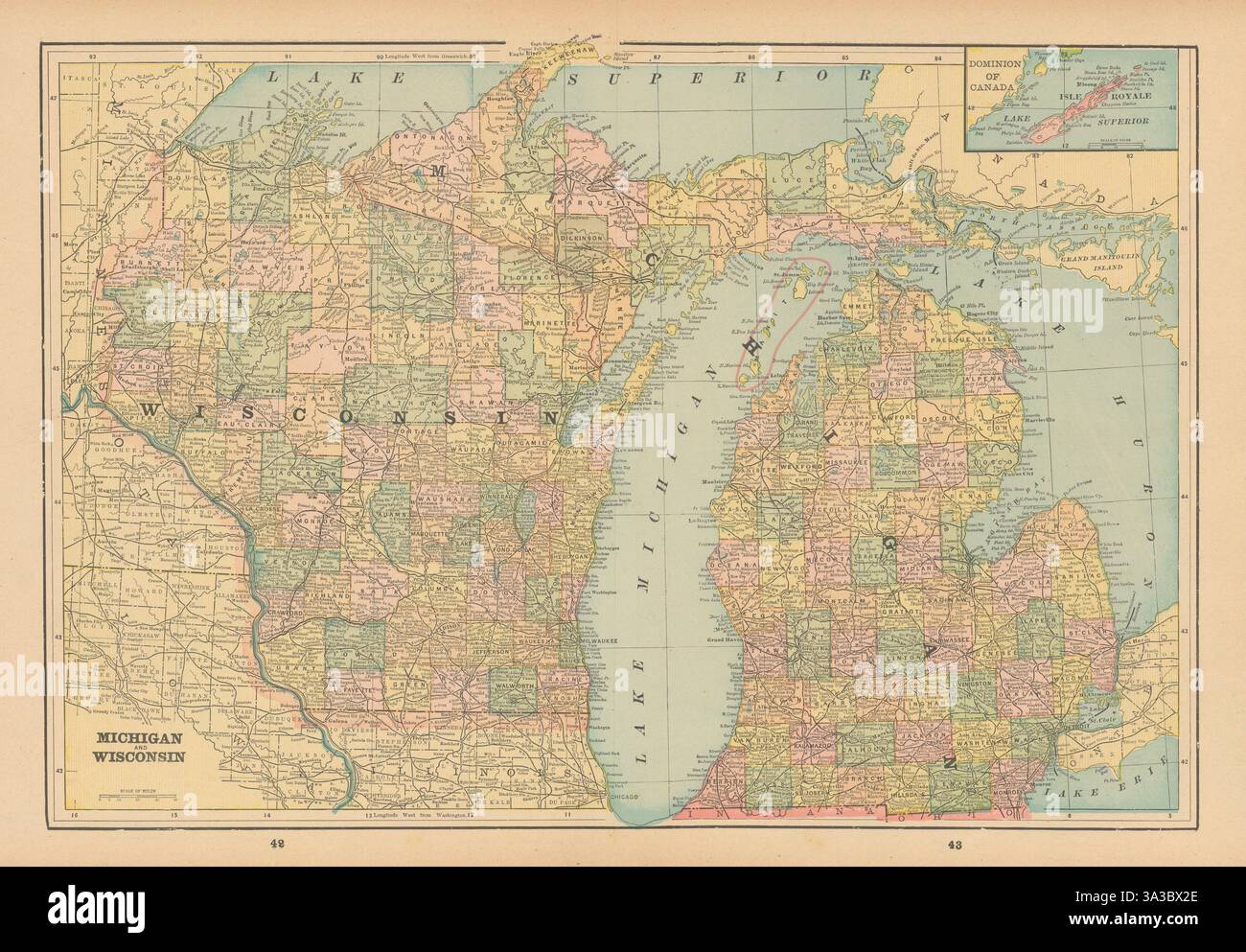 Michigan and Wisconsin state map in counties. CRAM 1894 old antique ...