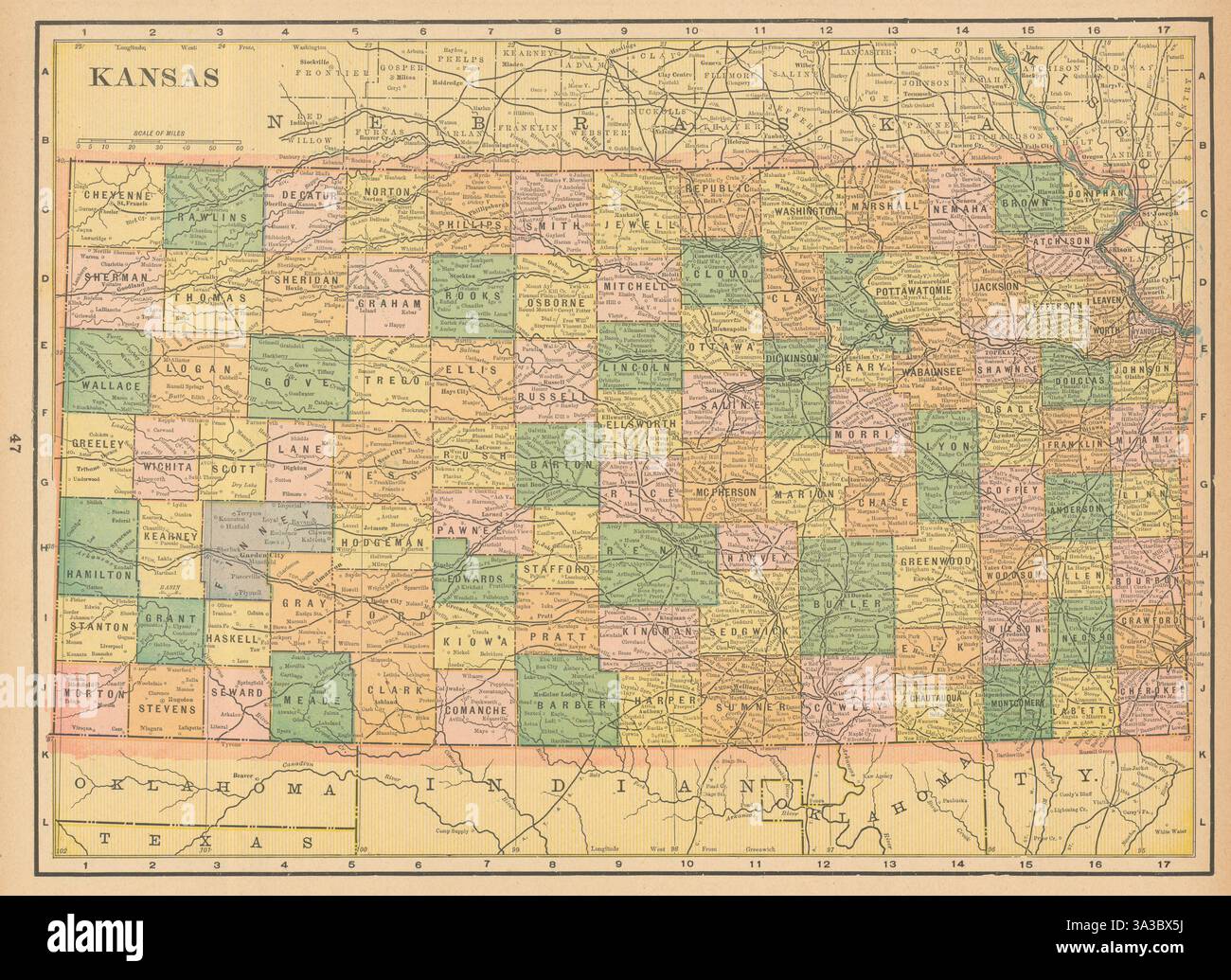 Kansas state map in counties. CRAM 1894 old antique vintage plan chart Stock Photo - Alamy