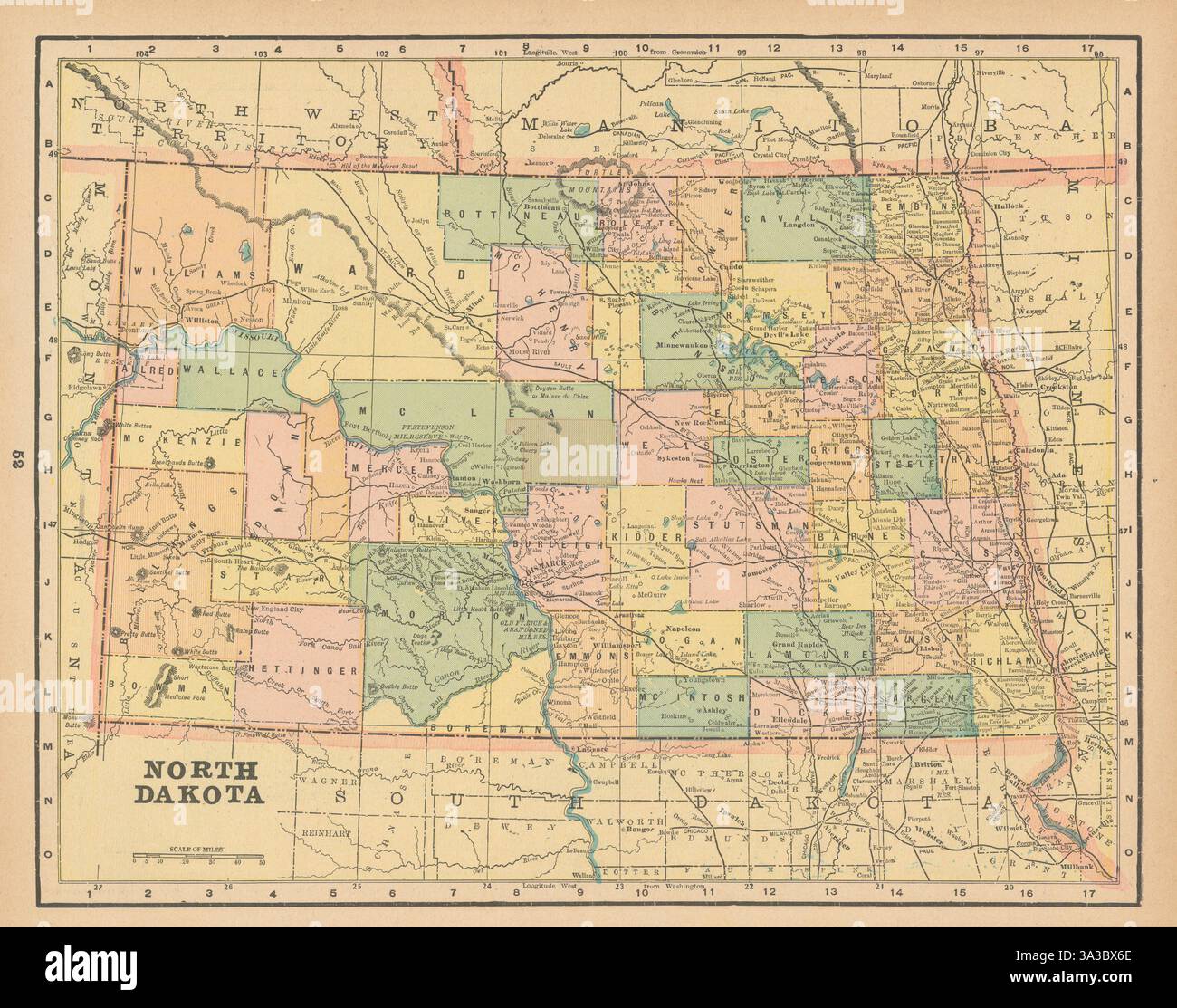 North Dakota state map in counties. CRAM 1894 old antique plan chart ...