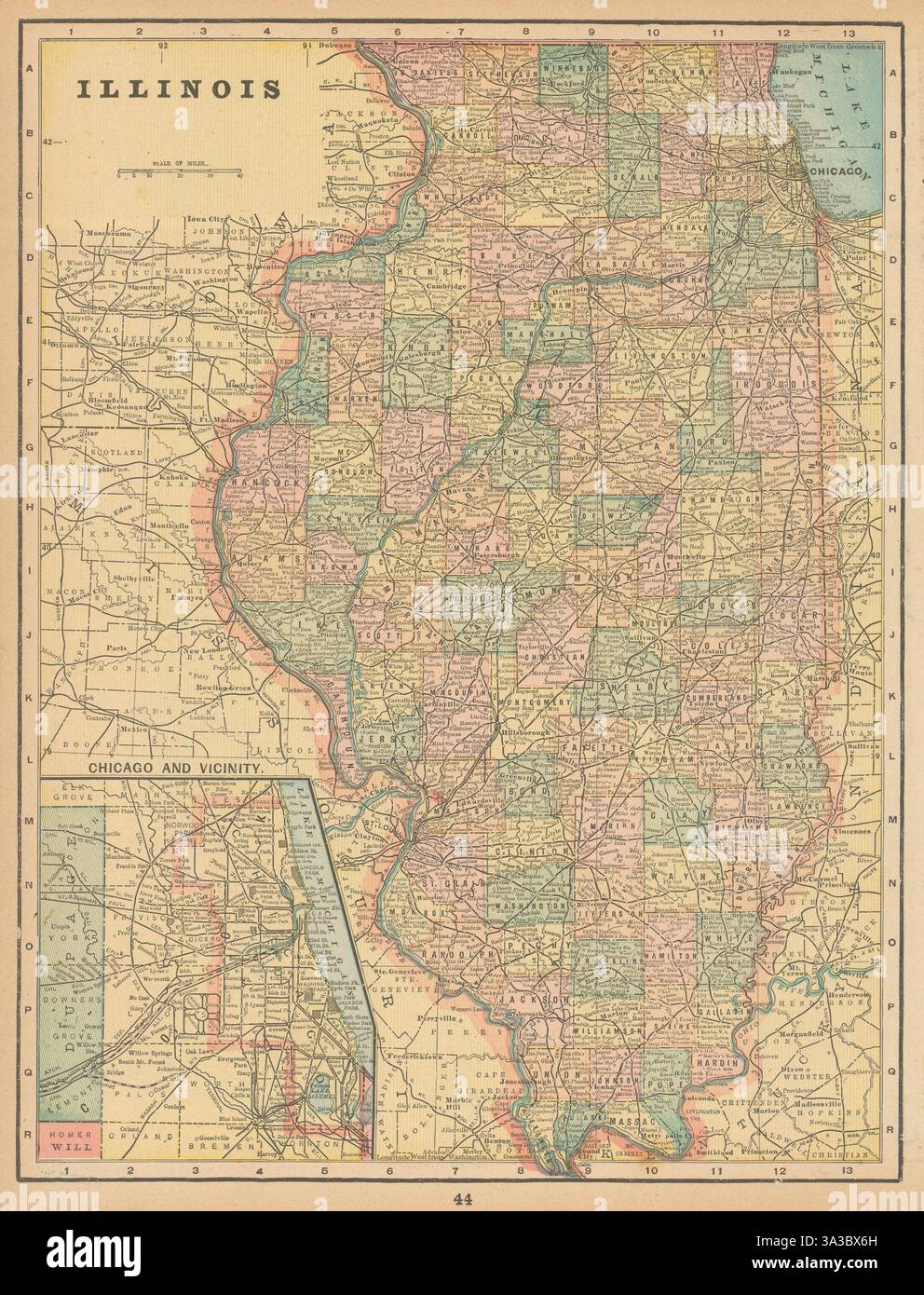 Illinois state map in counties. CRAM 1894 old antique vintage plan ...