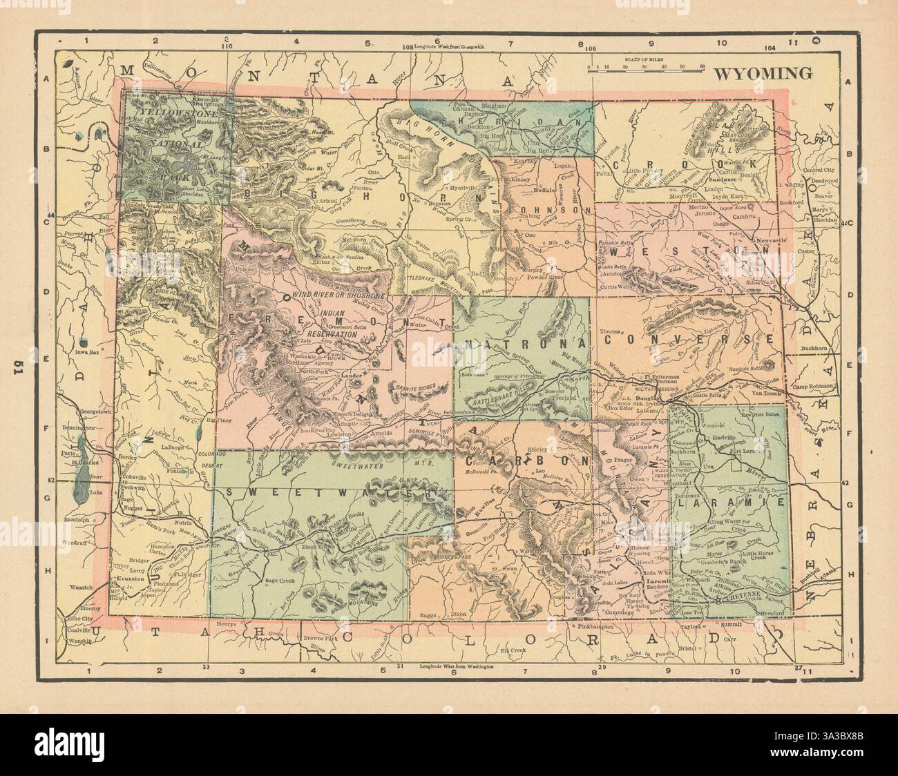 Wyoming state map in counties. CRAM 1894 old antique vintage plan chart Stock Photo - Alamy