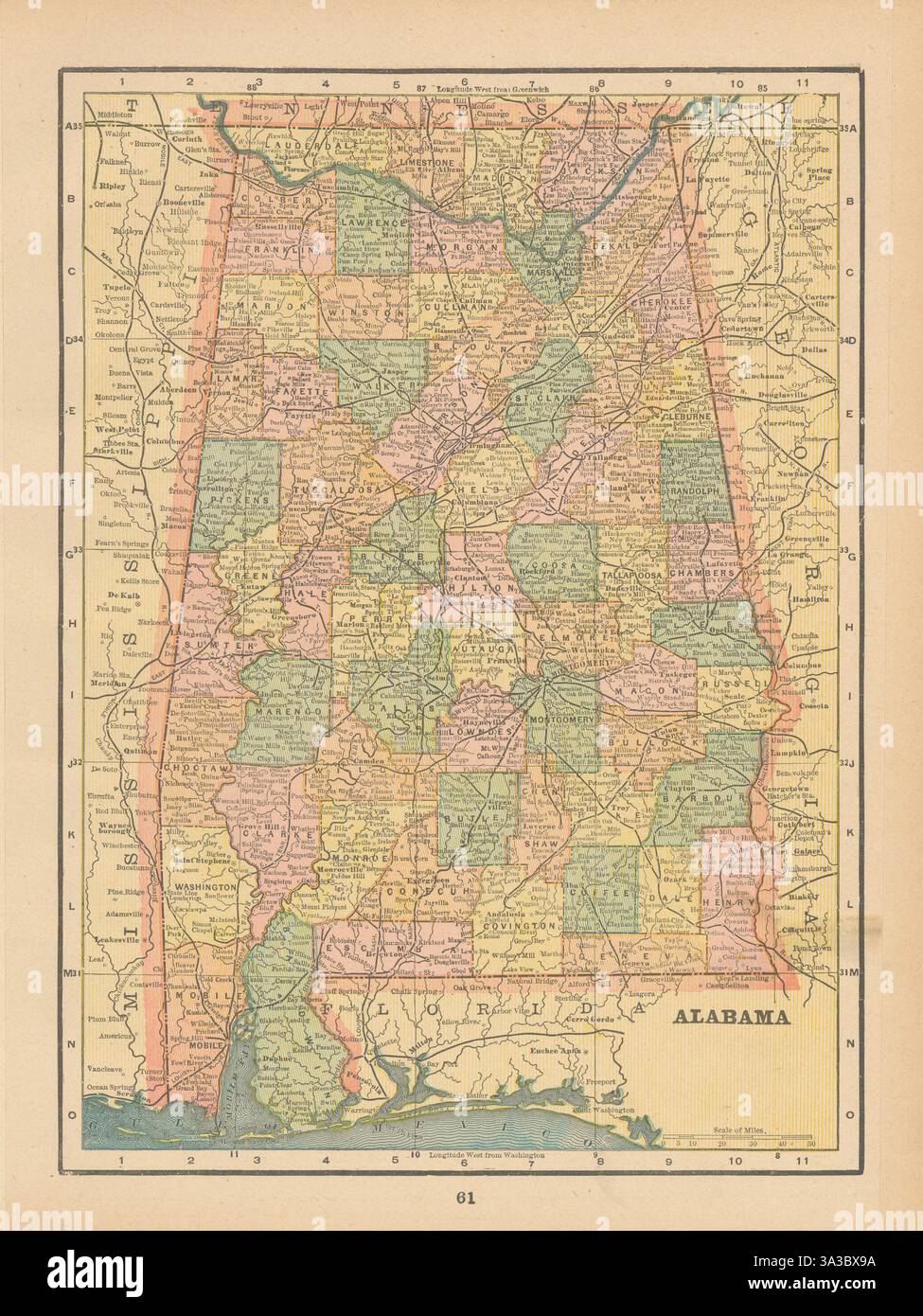 Alabama state map in counties. CRAM 1894 old antique vintage plan chart ...