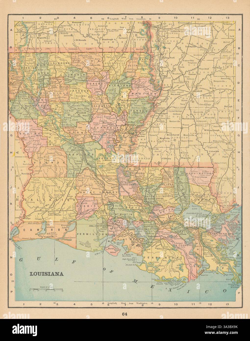 Louisiana state map in parishes. CRAM 1894 old antique vintage plan ...