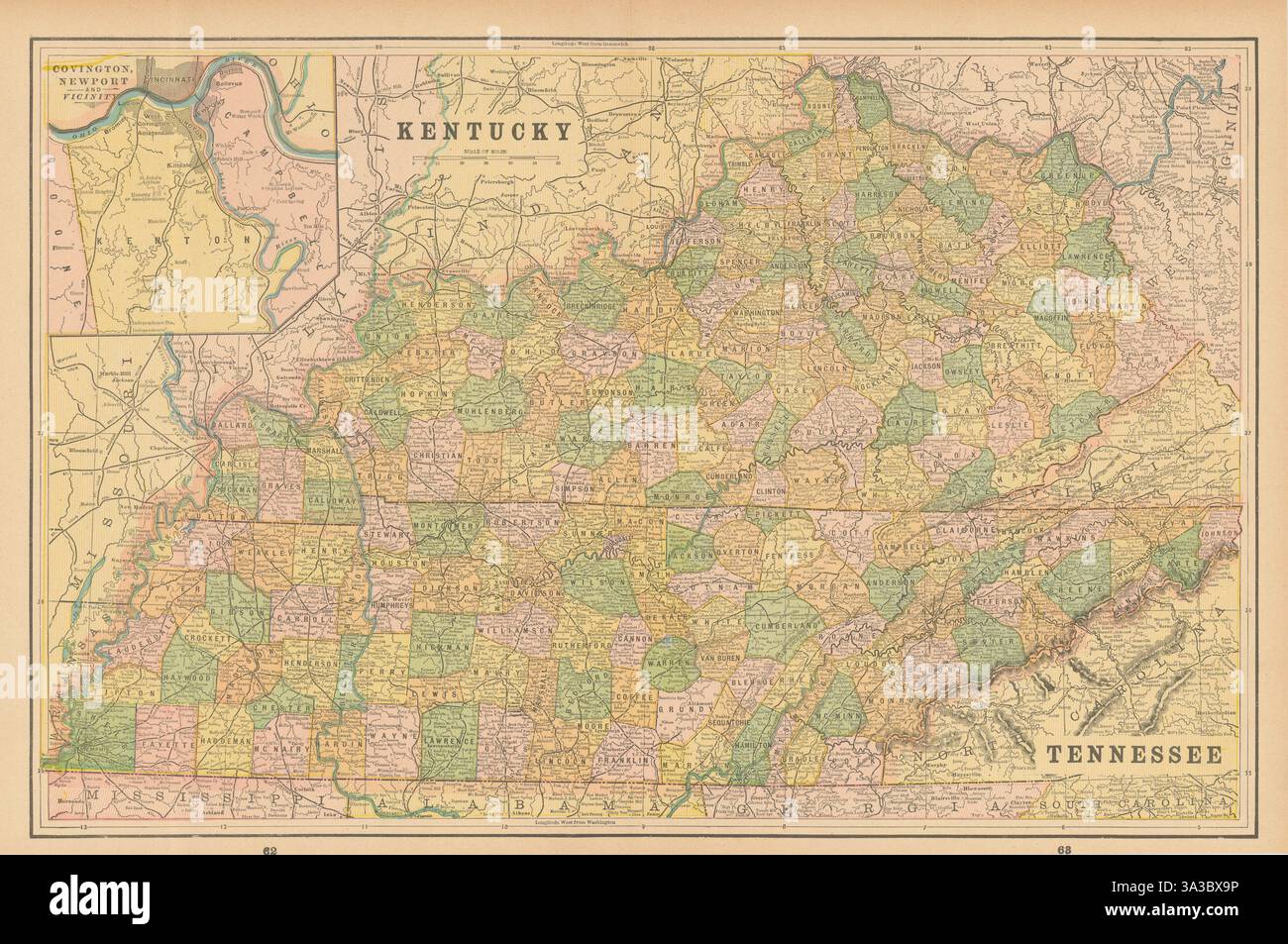Kentucky & Tennessee state map in counties. CRAM 1894 old antique chart ...