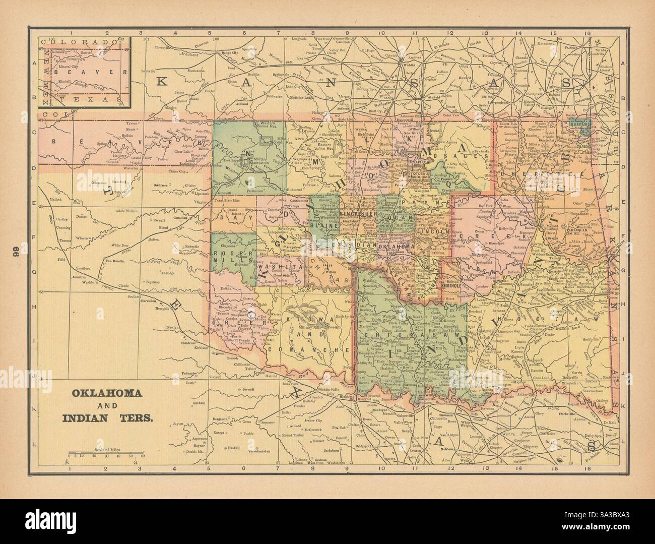 Oklahoma and Indian Territory state map in counties. CRAM 1894 old ...