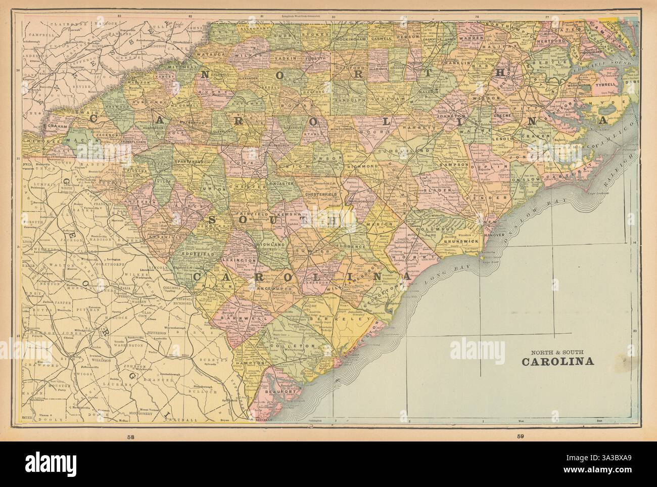 North & South Carolina state map in counties. CRAM 1894 old antique ...