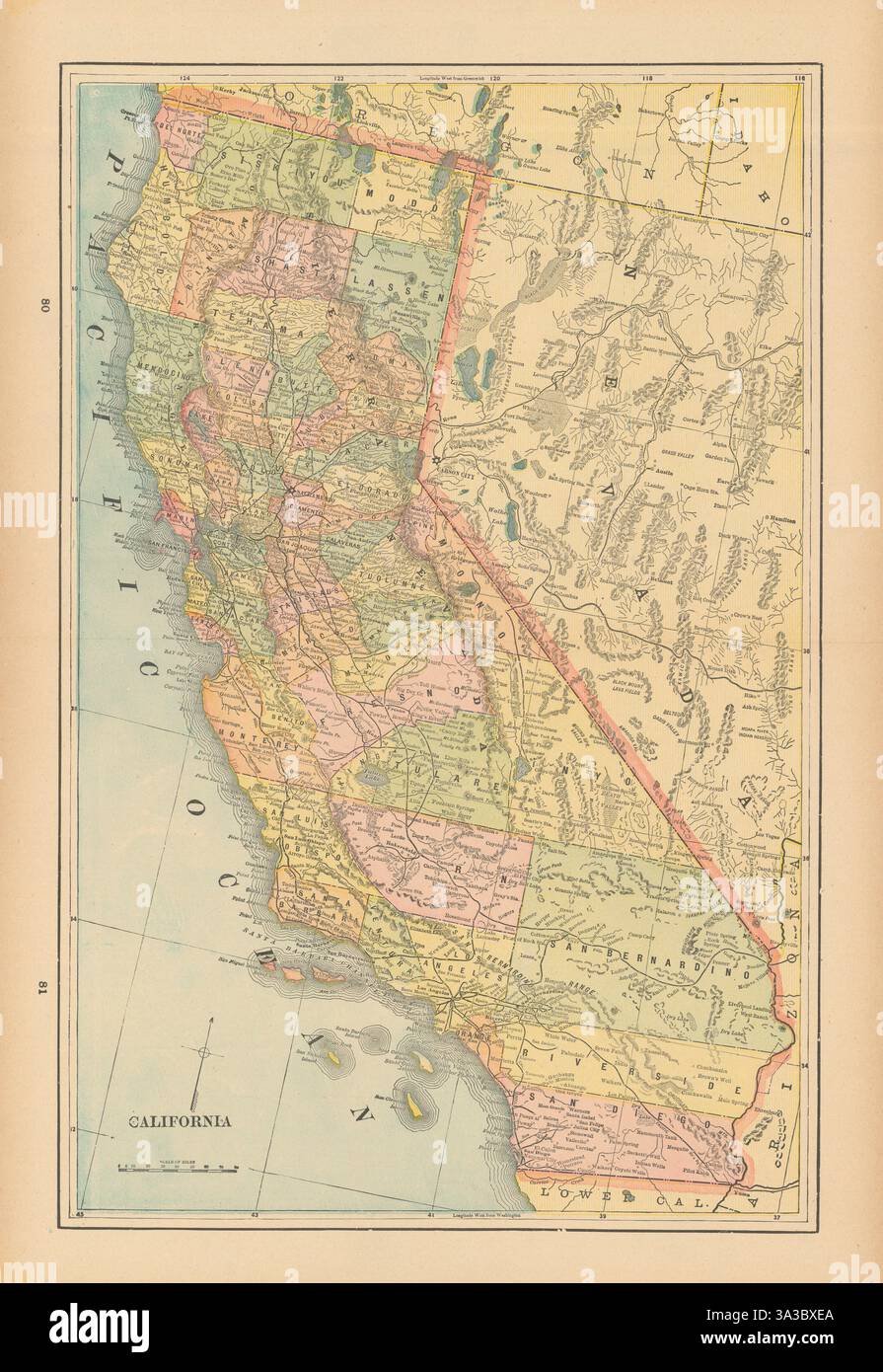 California state map in counties. CRAM 1894 old antique vintage plan ...