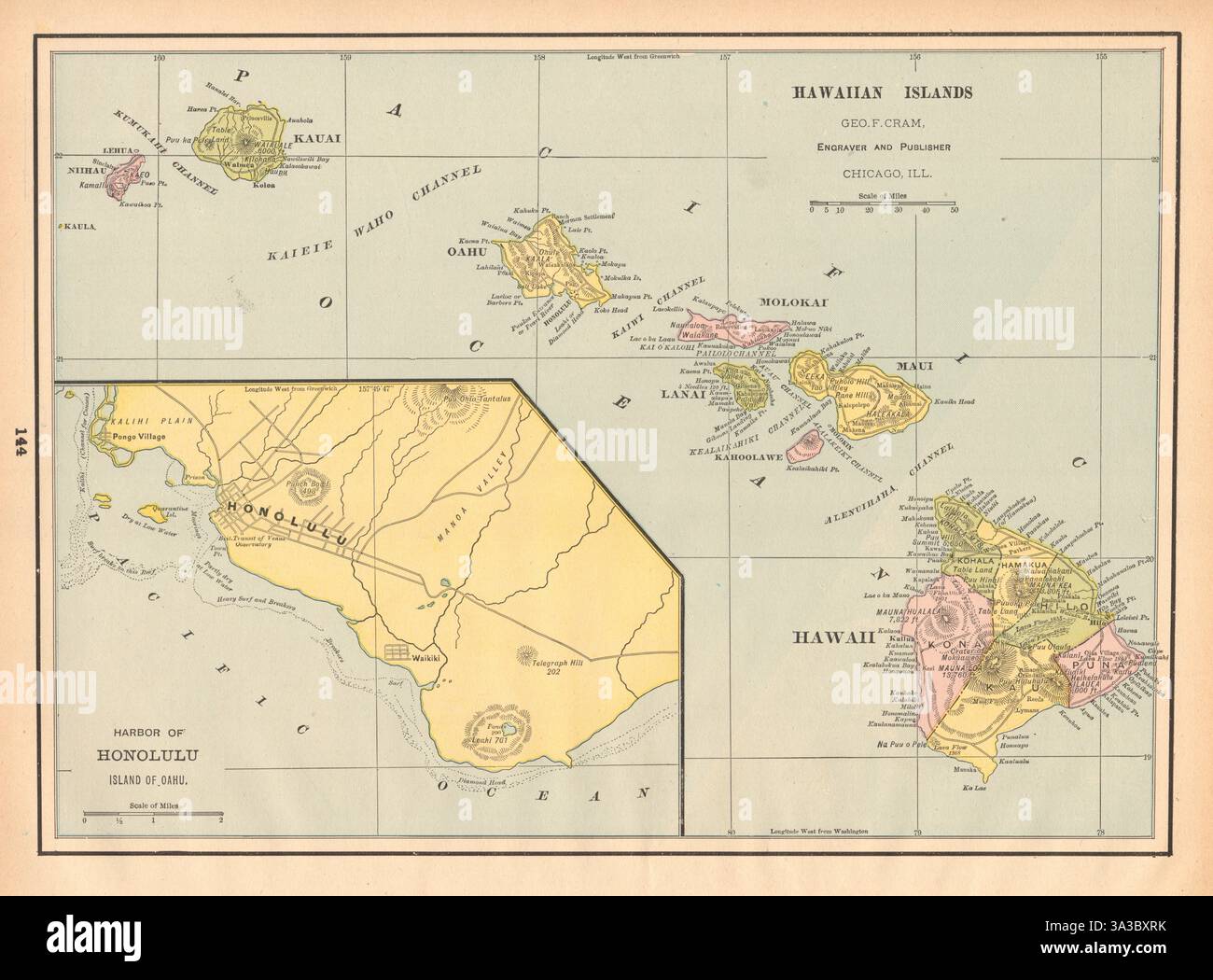 Hawaiian Islands. Harbor of Honolulu, Oahu. CRAM 1894 old antique map ...