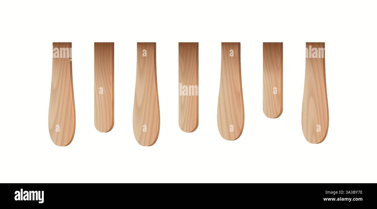 Seven wooden spoon handles or popsicle stick are shown vertically on a ...