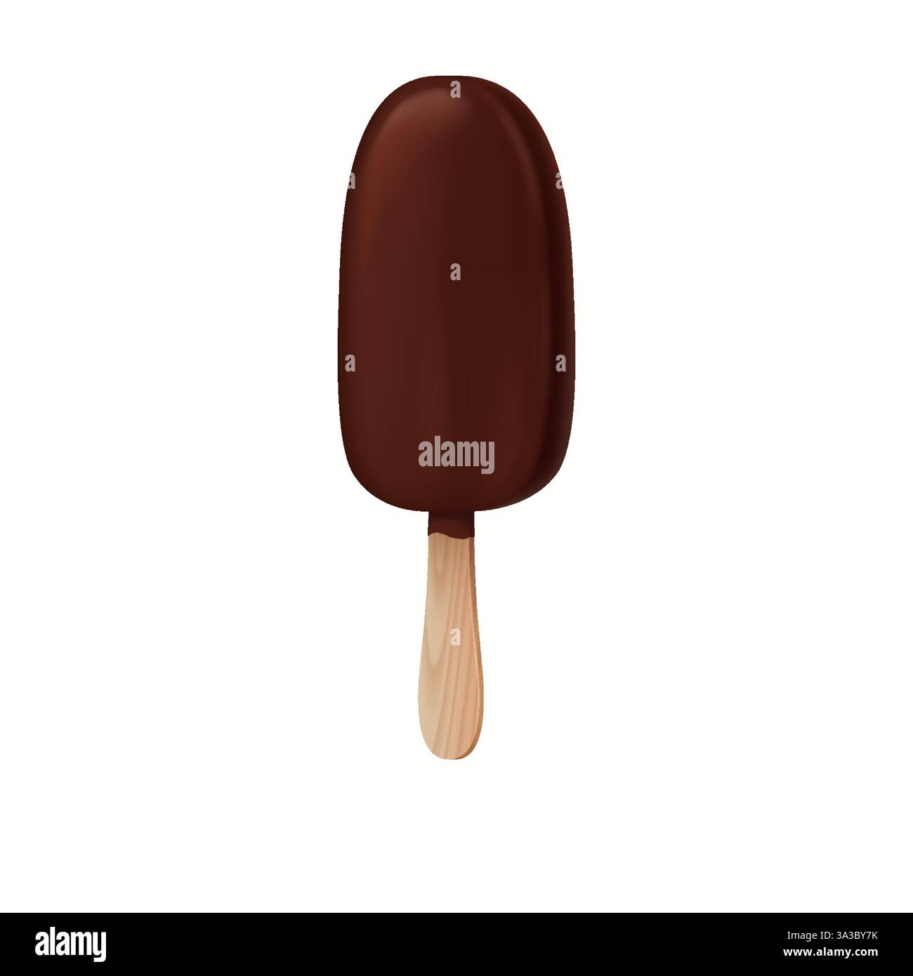 Illustration of a chocolate coated ice cream bar on a wooden stick. A ...