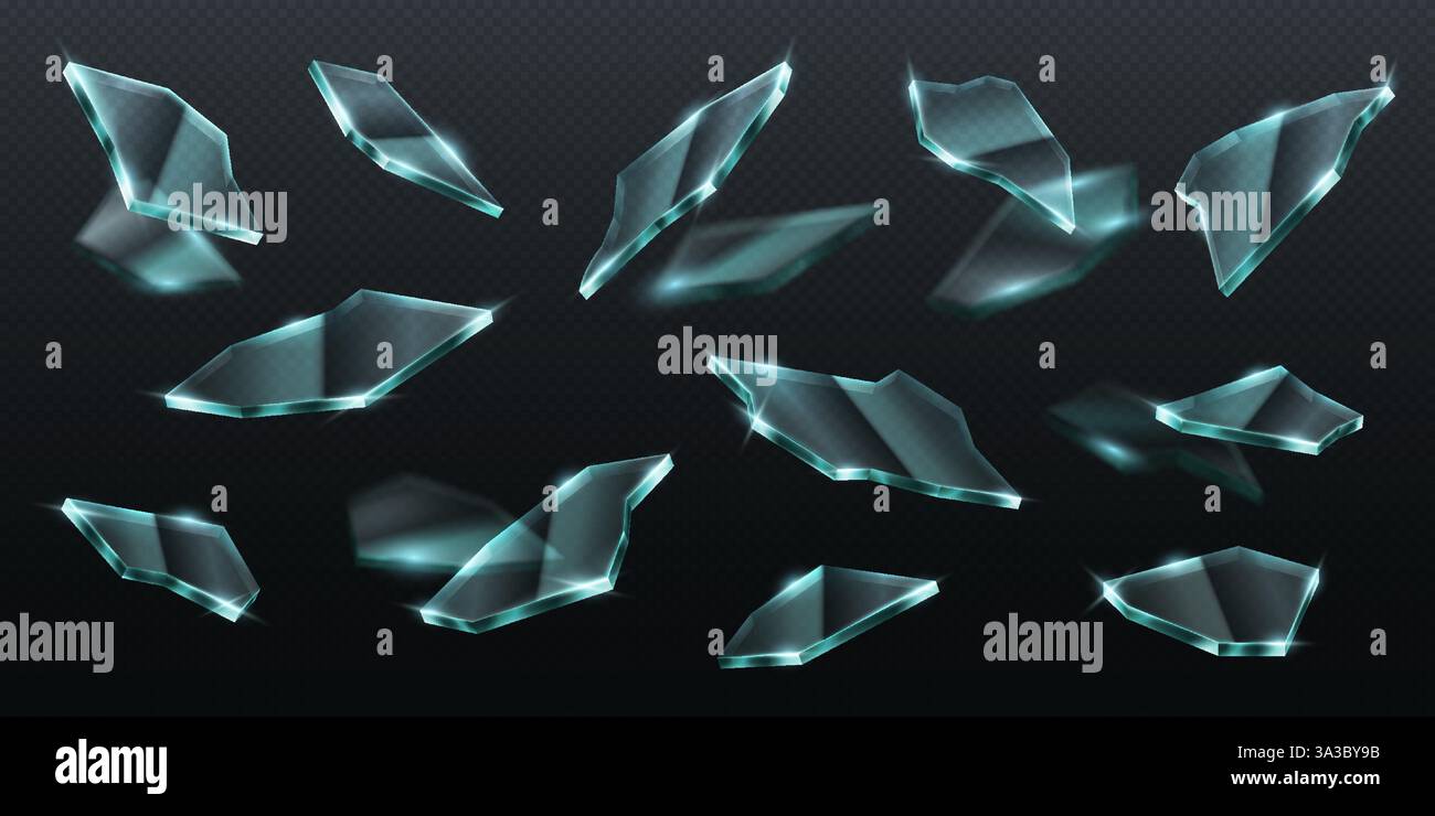 Realistic 3D illustration of floating transparent glass shards with ...