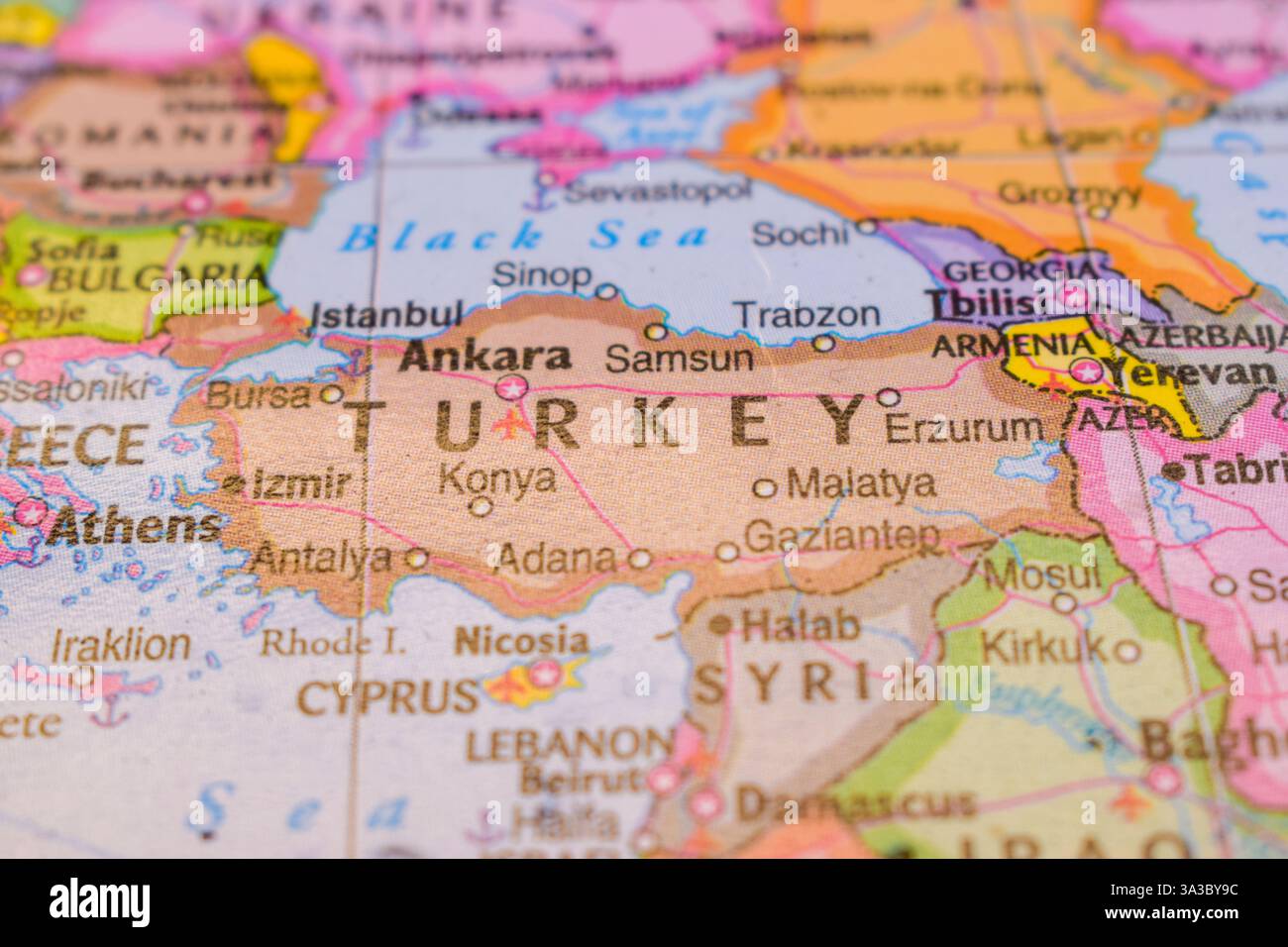 Turkey On The World Map-Geo Political Map Stock Photo - Alamy
