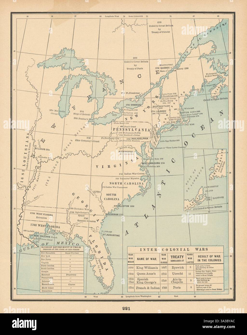United States Historical III. Wars 1673-1773. CRAM 1894 old antique map ...