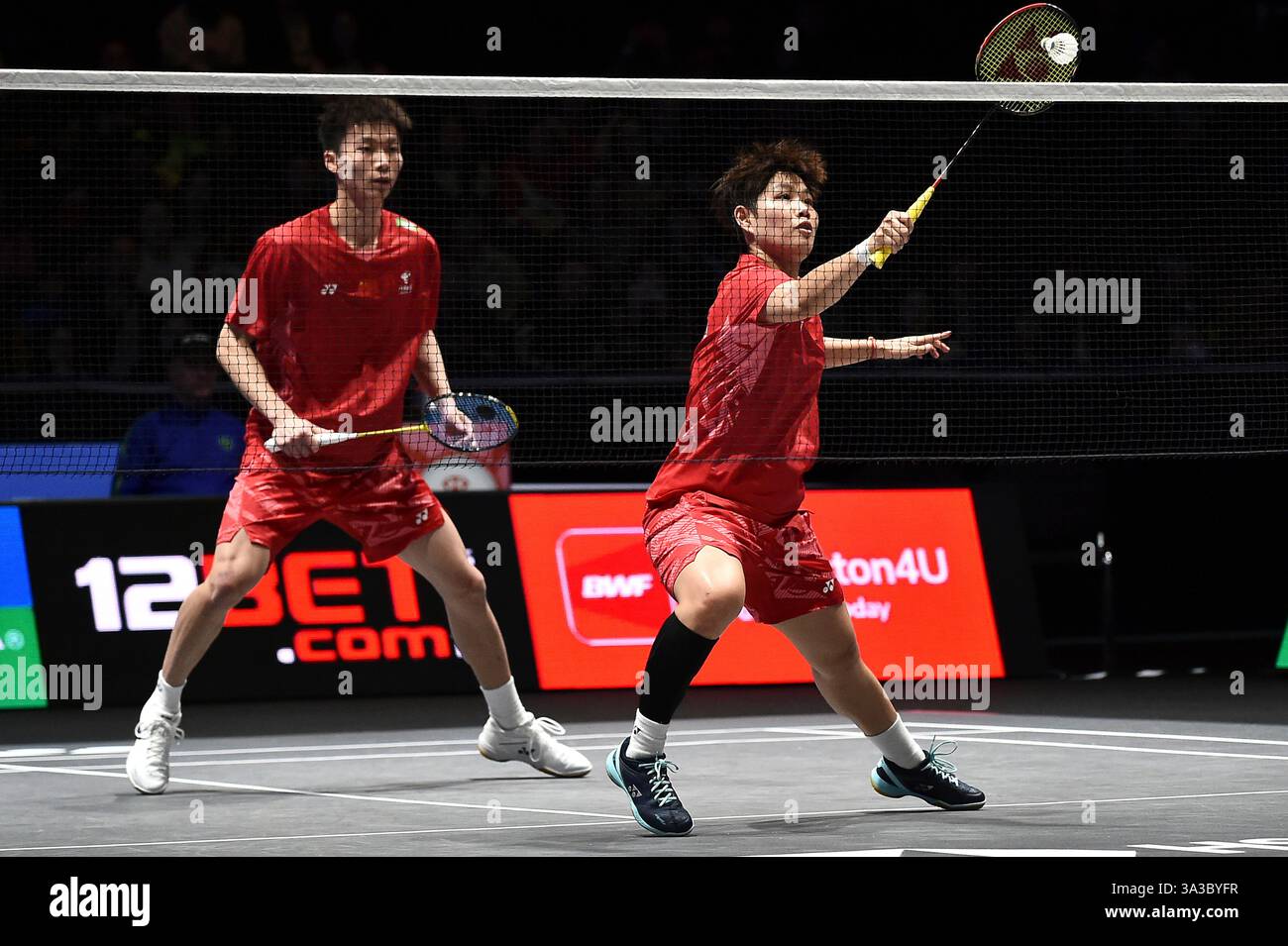 China's Huang Dong Ping, front, and China's Jiang Zhen Bang in action ...