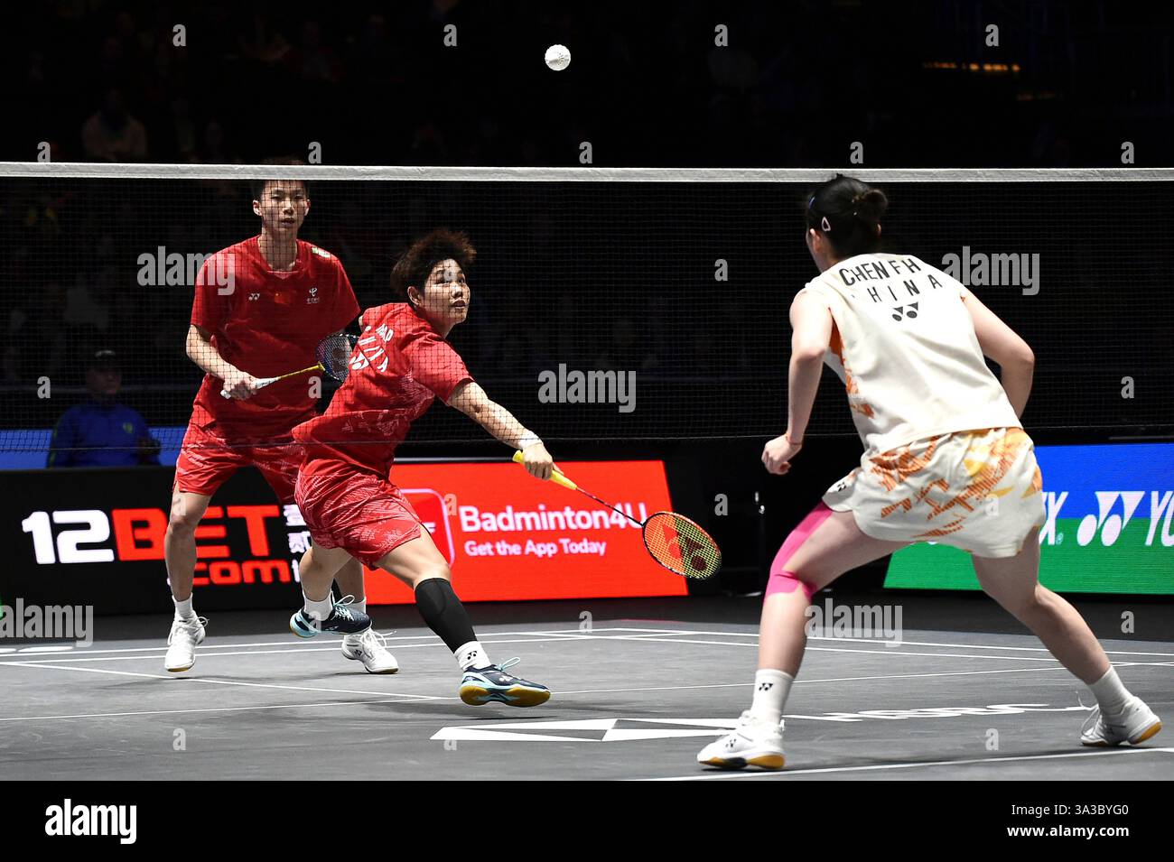 China's Huang Dong Ping, front, and China's Jiang Zhen Bang in action ...