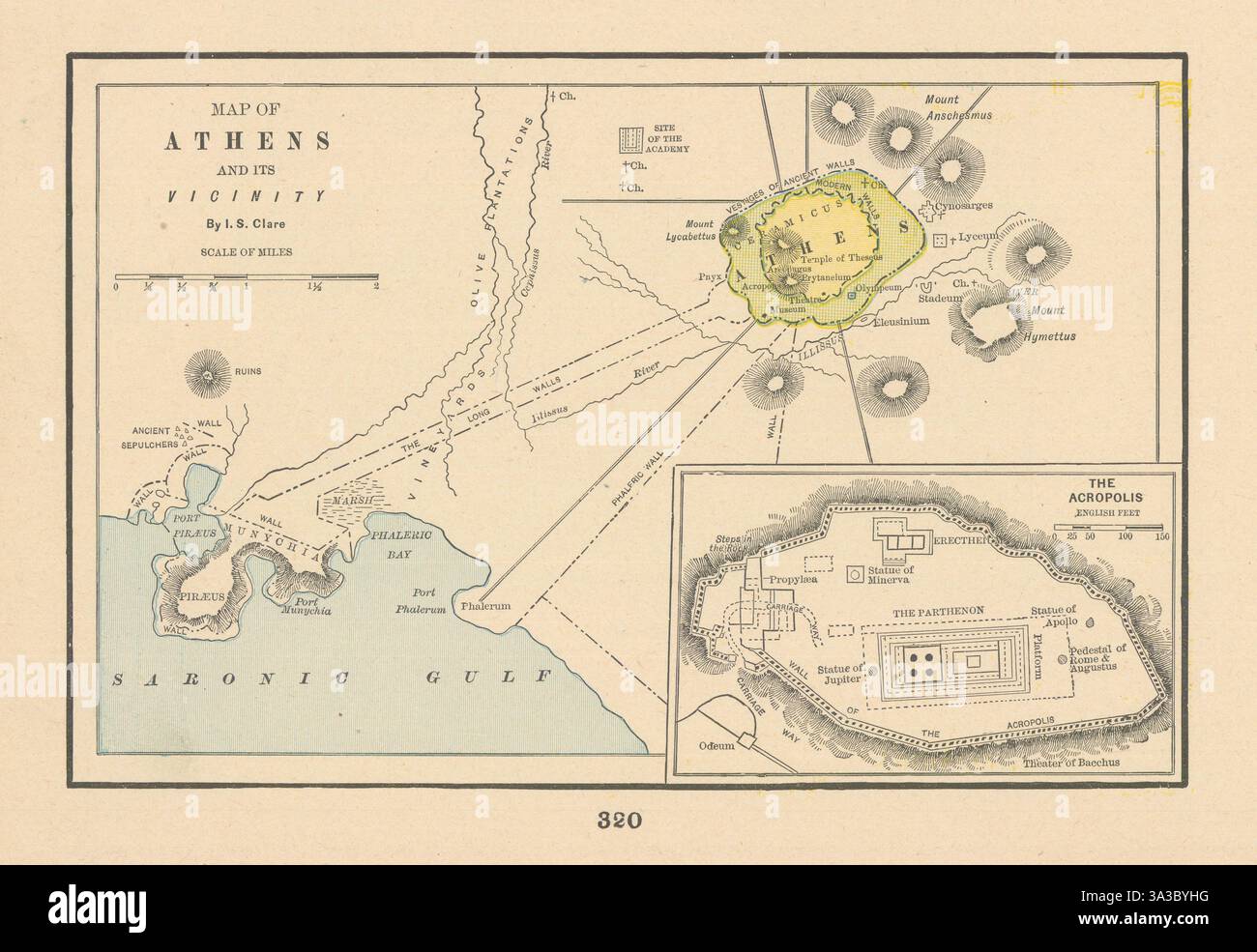 Map of Athens and Its Vicinity. Greece. CLARE 1894 old antique plan ...