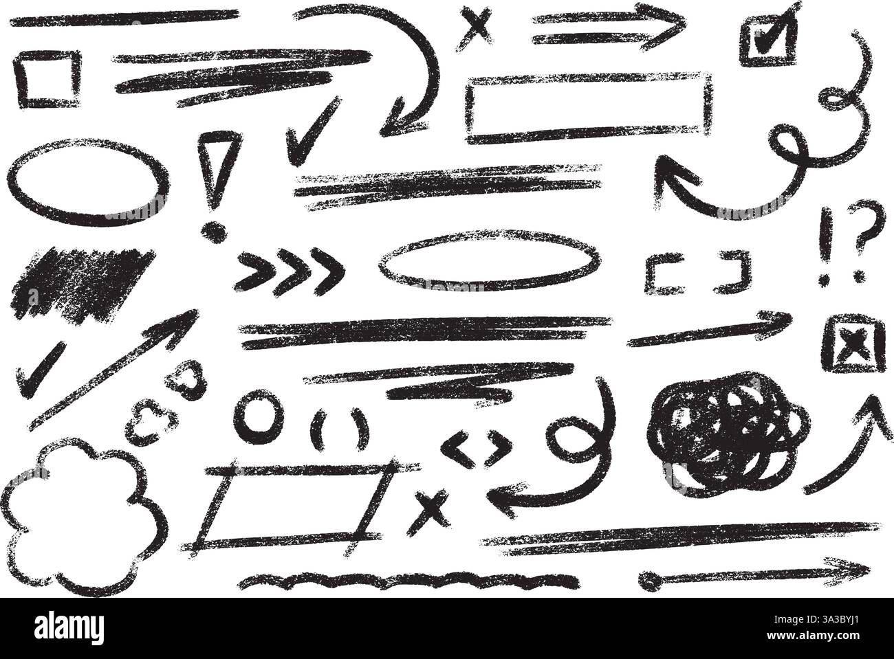 Sketchy crayon hand drawn highlight elements - circles, underlines, arrows, checkmarks and ...