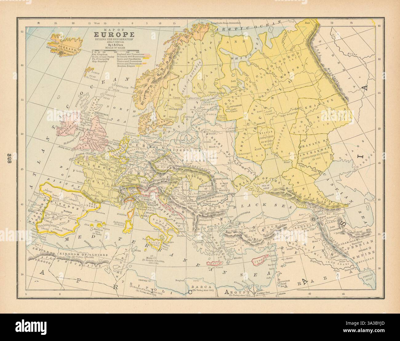 Map of Europe, during the Reformation, about 1550 AD. CLARE 1894 old ...