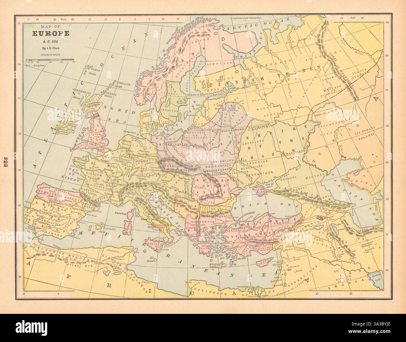 Map of Europe, AD 800 by I.S. CLARE 1894 old antique vintage plan chart ...