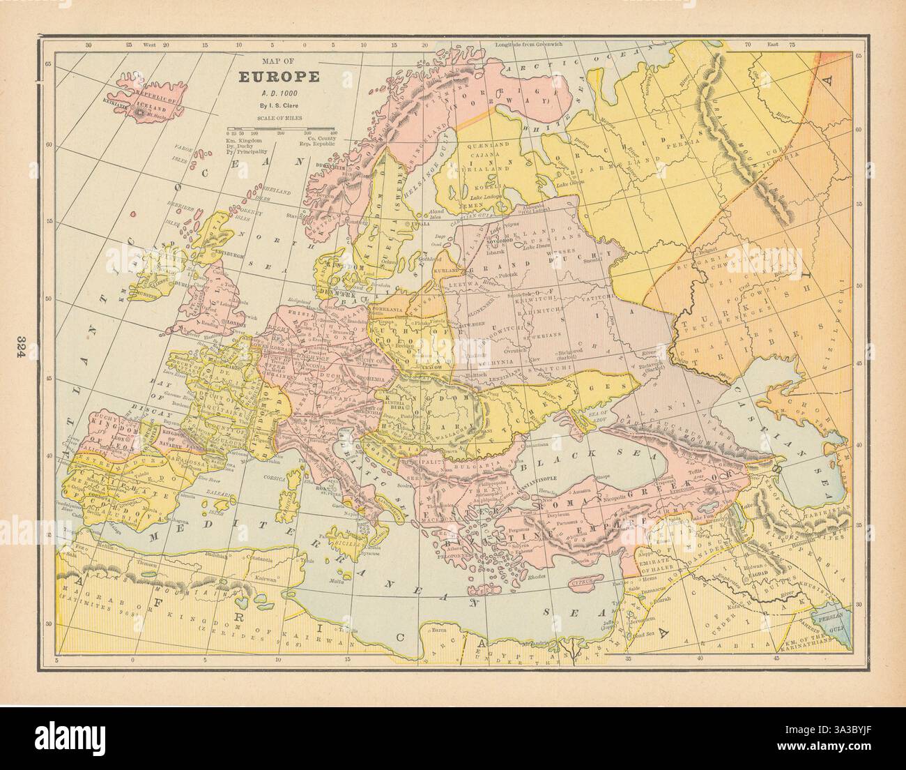 Map of Europe, AD 1000 by I.S. CLARE 1894 old antique vintage plan ...