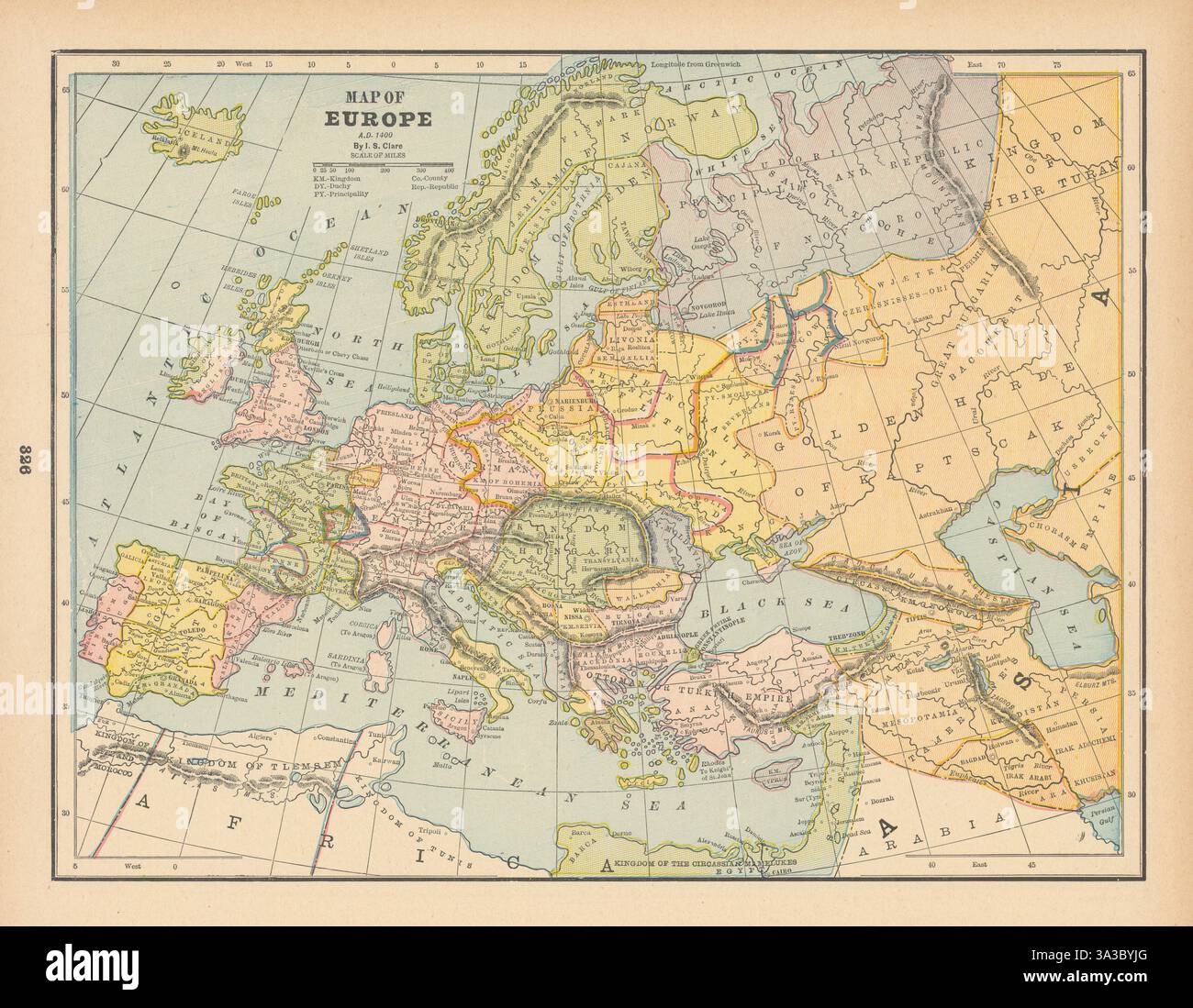 Map of Europe, AD 1400 by I.S. CLARE 1894 old antique vintage plan ...