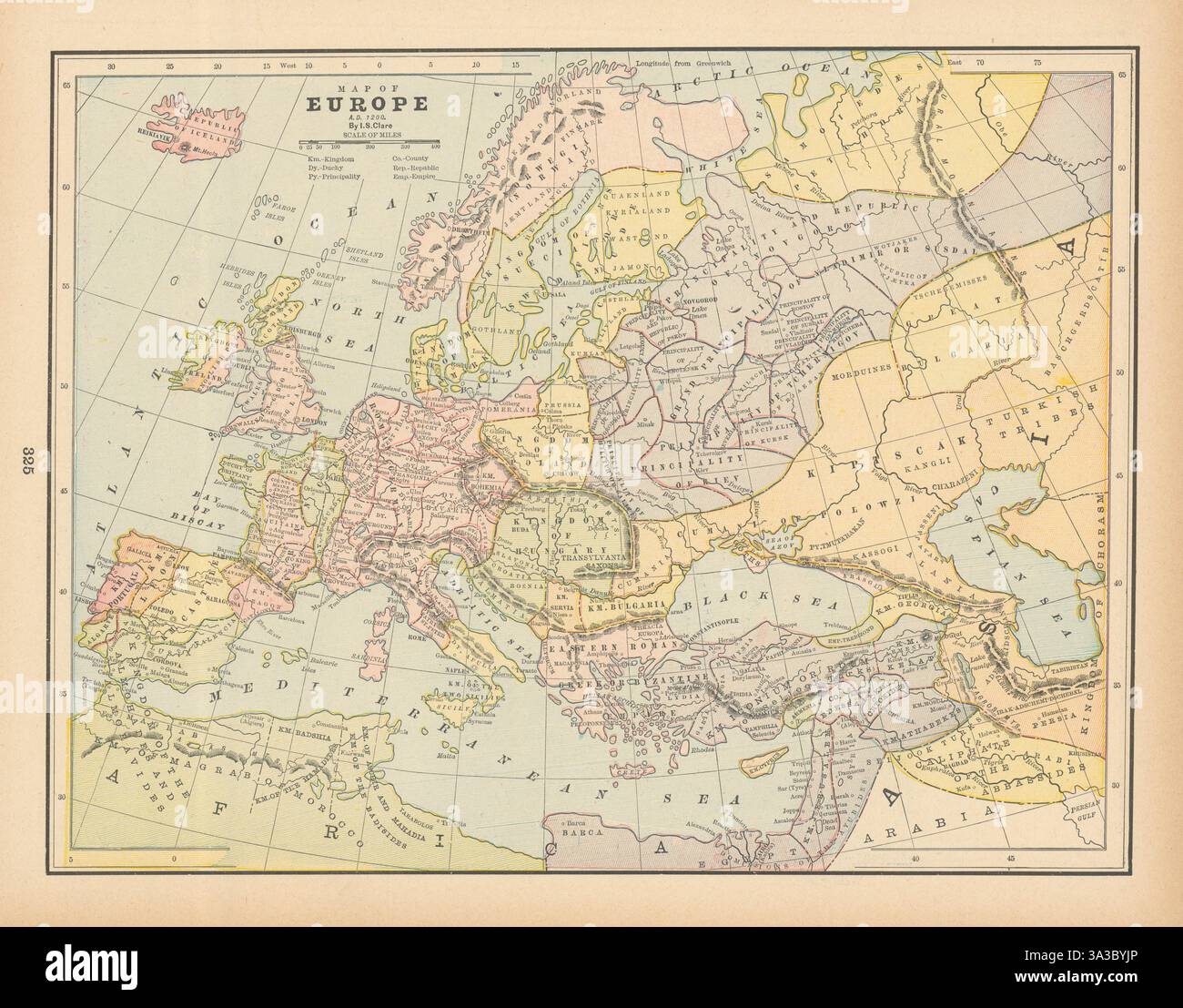 Map of Europe, AD 1200 by I.S. CLARE 1894 old antique vintage plan ...