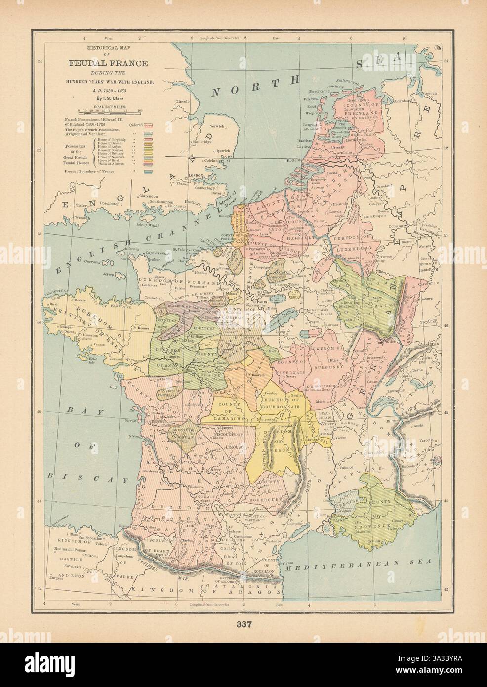 Feudal France during Hundred Years War with England AD 1339-1453. CLARE 1894 map Stock Photo - Alamy