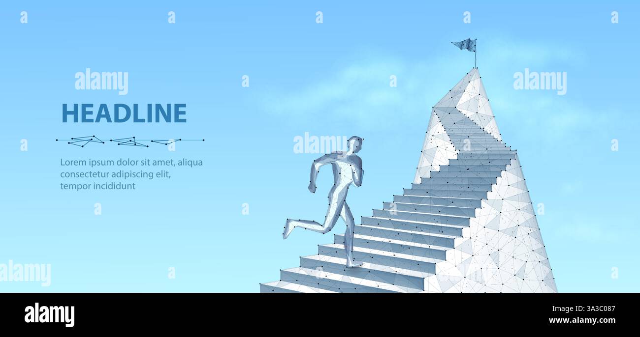 Man running up the stairs. Career path, digital technology, step to ...