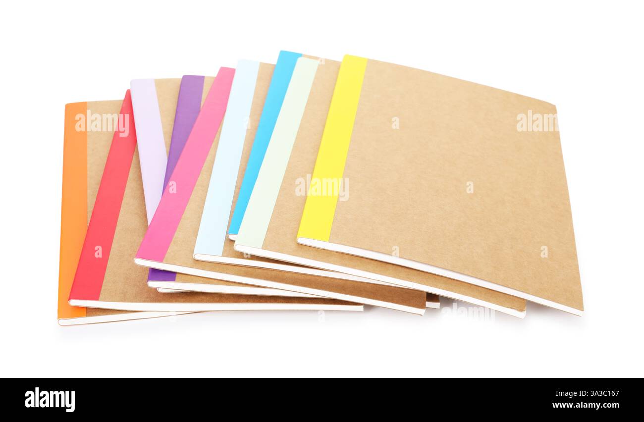 Different copybooks isolated on white. School stationery Stock Photo ...