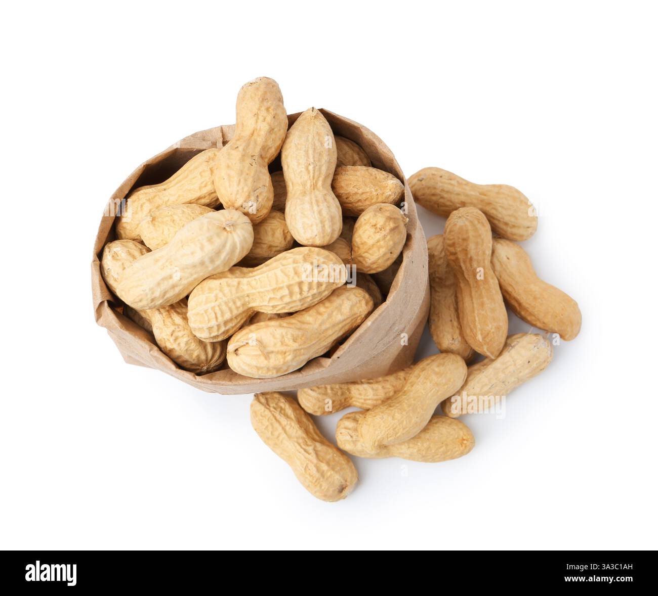 Unpeeled peanuts and paper bag isolated on white, top view Stock Photo ...