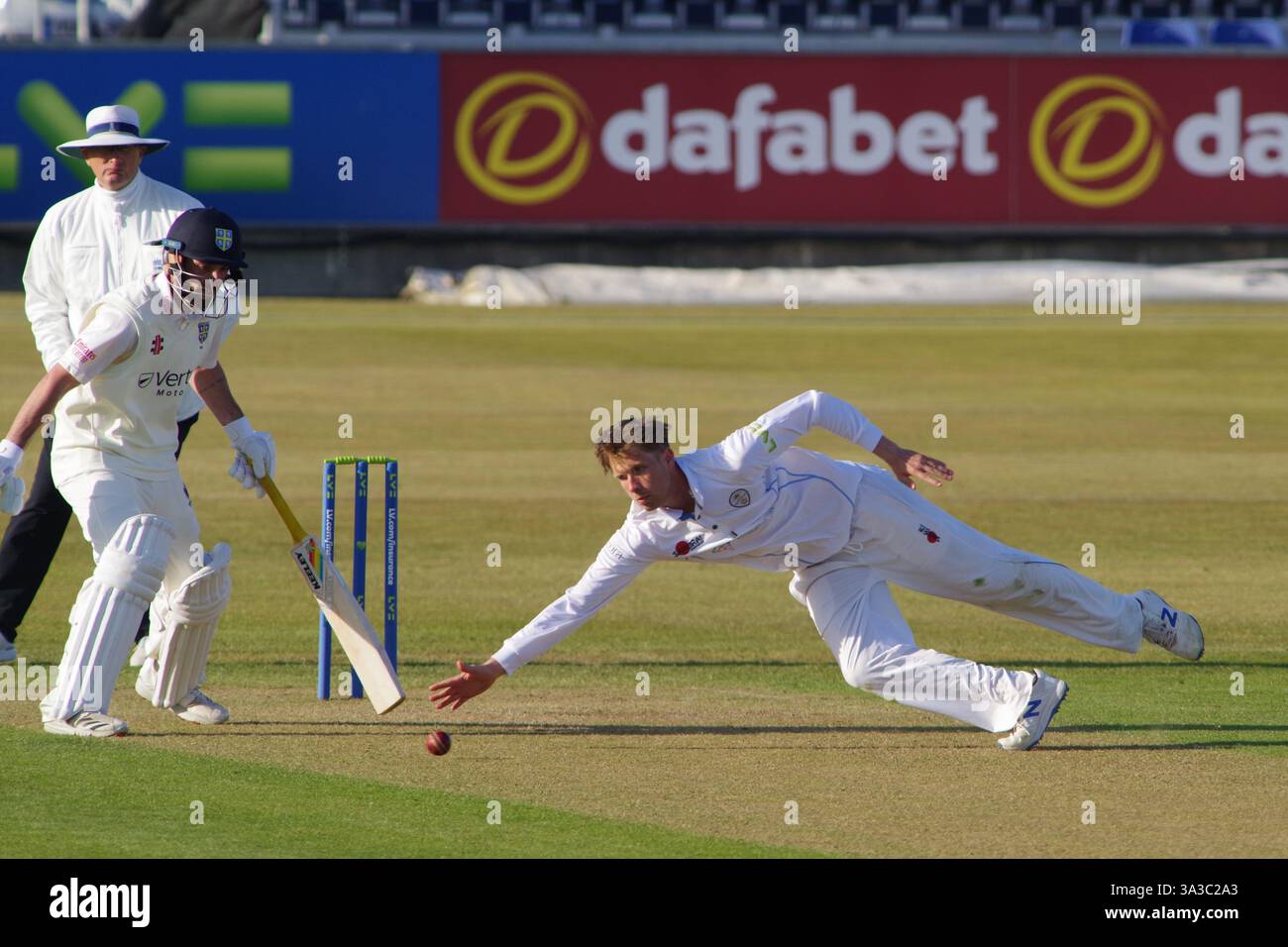Chester le Street, England, 22 April 2021. Matthew Critchley bowling ...