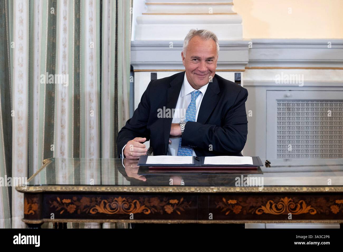 Greece's newly appointed Migration Minister Makis Voridis signs a ...