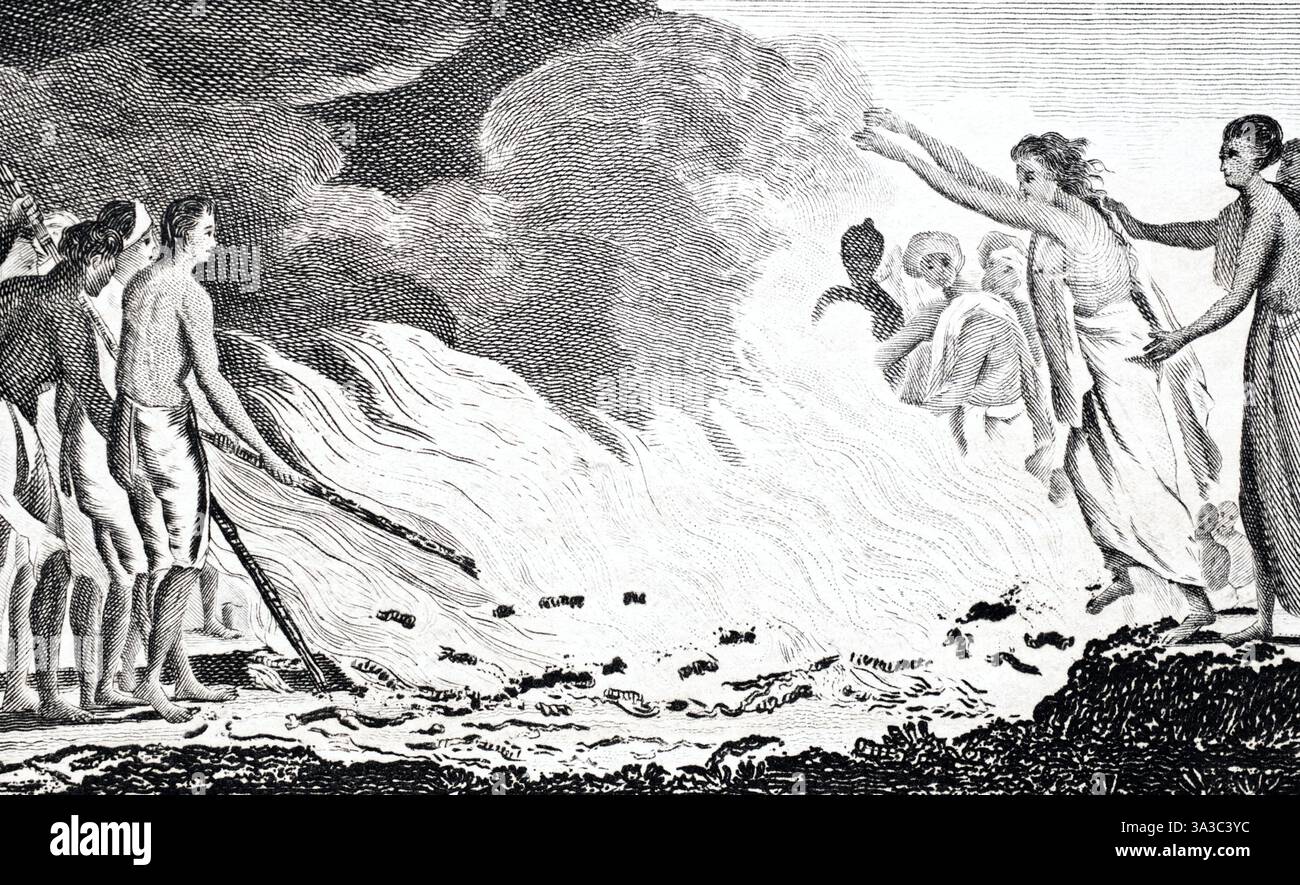 A Hindu woman throwing herself on the funeral pyre of her husband, c ...