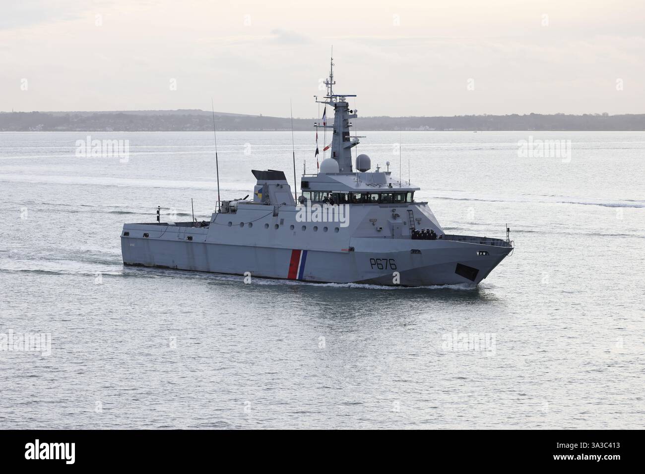The Cherbourg based French navy offshore patrol vessel FS FLAMANT (P676) arriving at the Naval ...